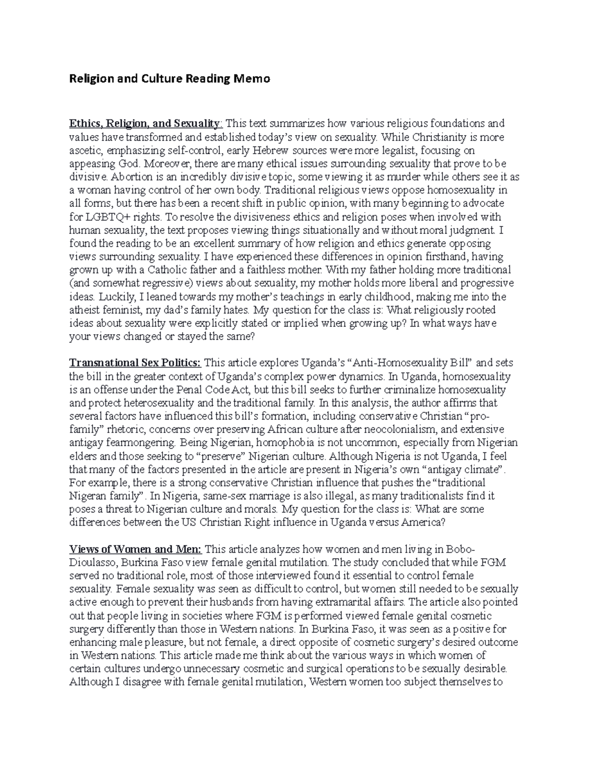 Religion and Culture Reading Memo - Religion and Culture Reading Memo ...