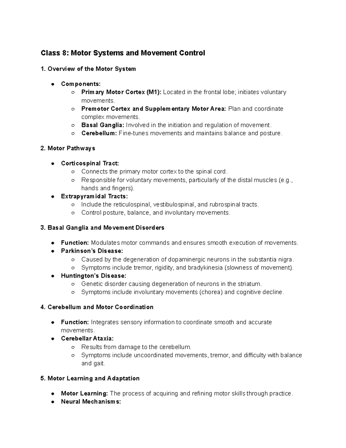 Neuro Lecture 7 - Class 8: Motor Systems and Movement Control 1. Overview of the Motor System ...