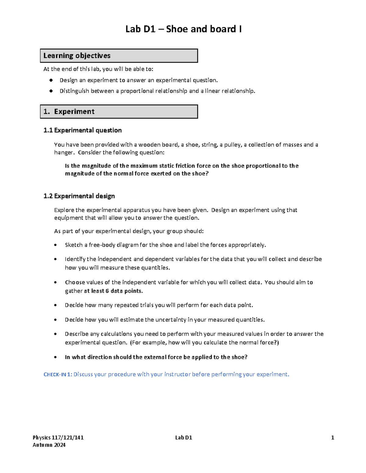 Lab D1 - Handout Shoe and Board - Lab D1 – Shoe and board I Physics 117 ...