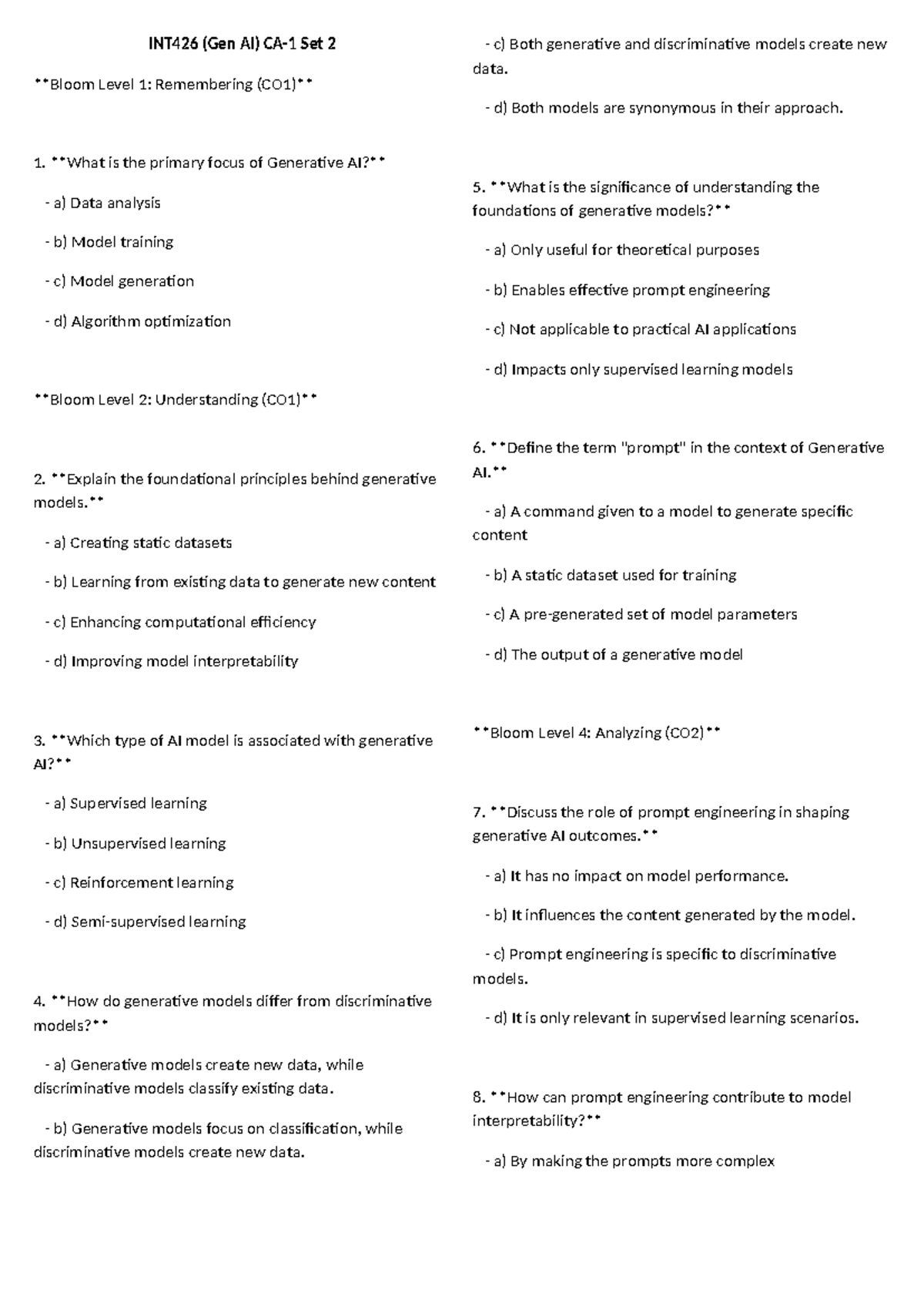 CA Paper Answer Set 2 - INT426 (Gen AI) CA-1 Set 2 Bloom Level 1 ...