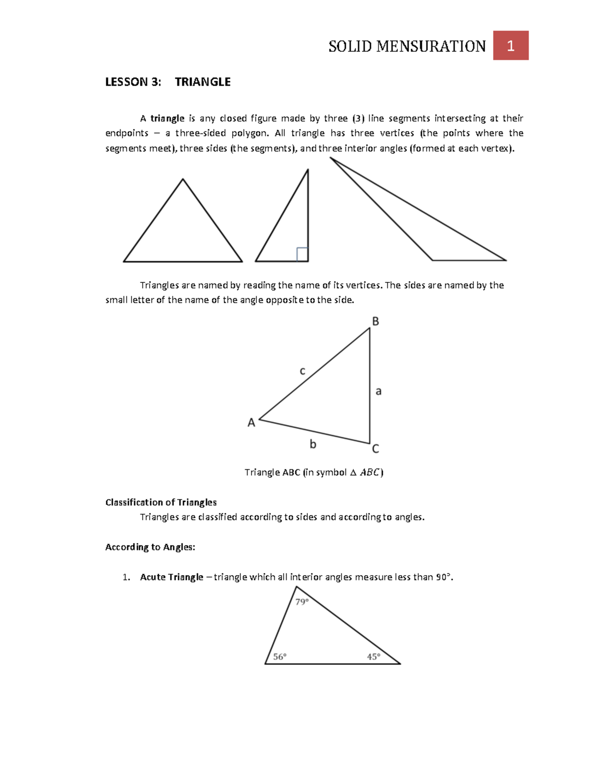 Chapter-1-Lesson-3 - Haha - LESSON 3: TRIANGLE A triangle is any closed ...