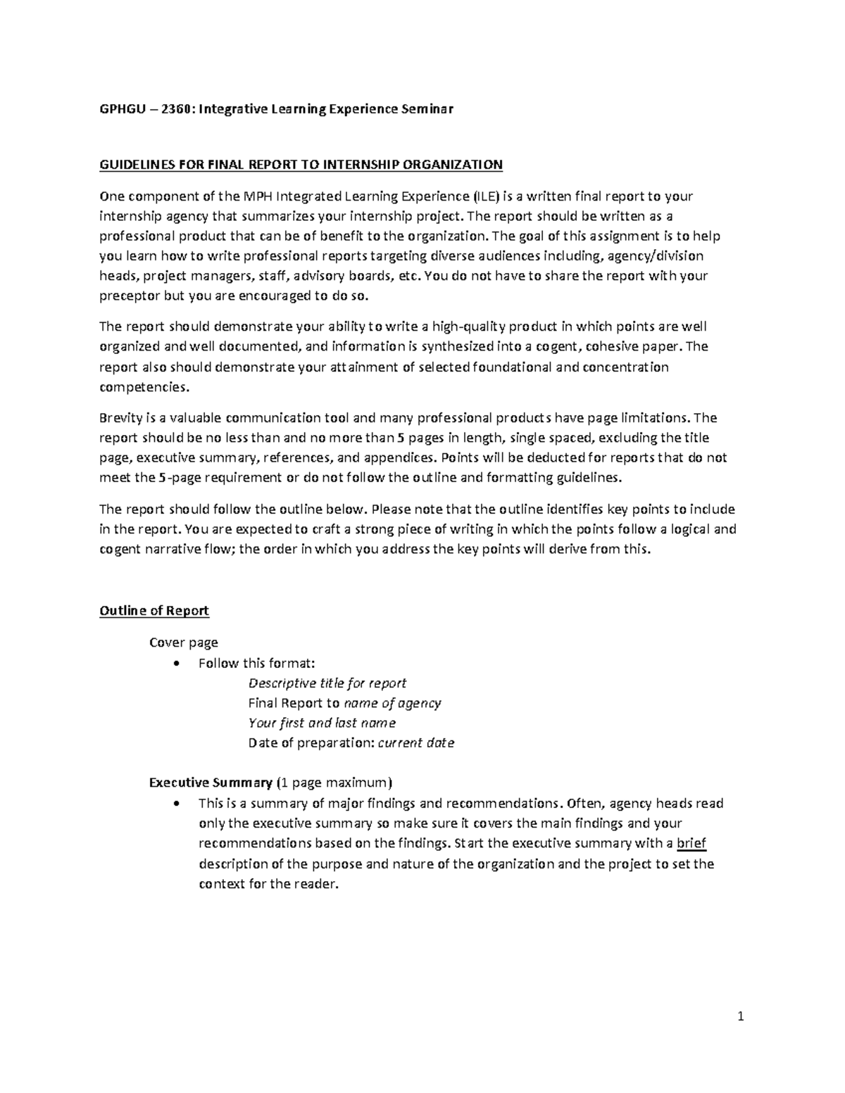 Final Report Guidelines - GPHGU – 2360: Integrative Learning Experience Seminar GUIDELINES FOR ...