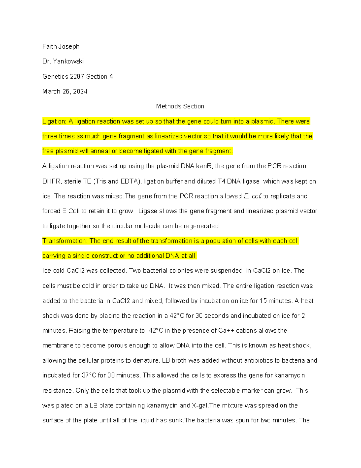 Methods Section - phage recombination - Faith Joseph Dr. Yankowski ...
