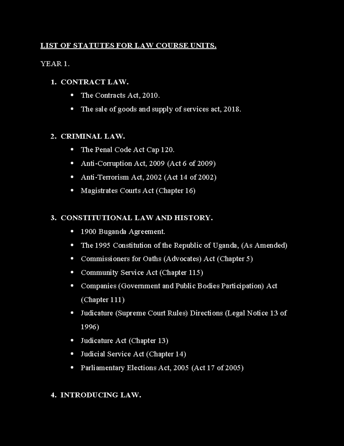 LIST OF Statutes FOR LAW Course Units - LIST OF STATUTES FOR LAW COURSE ...