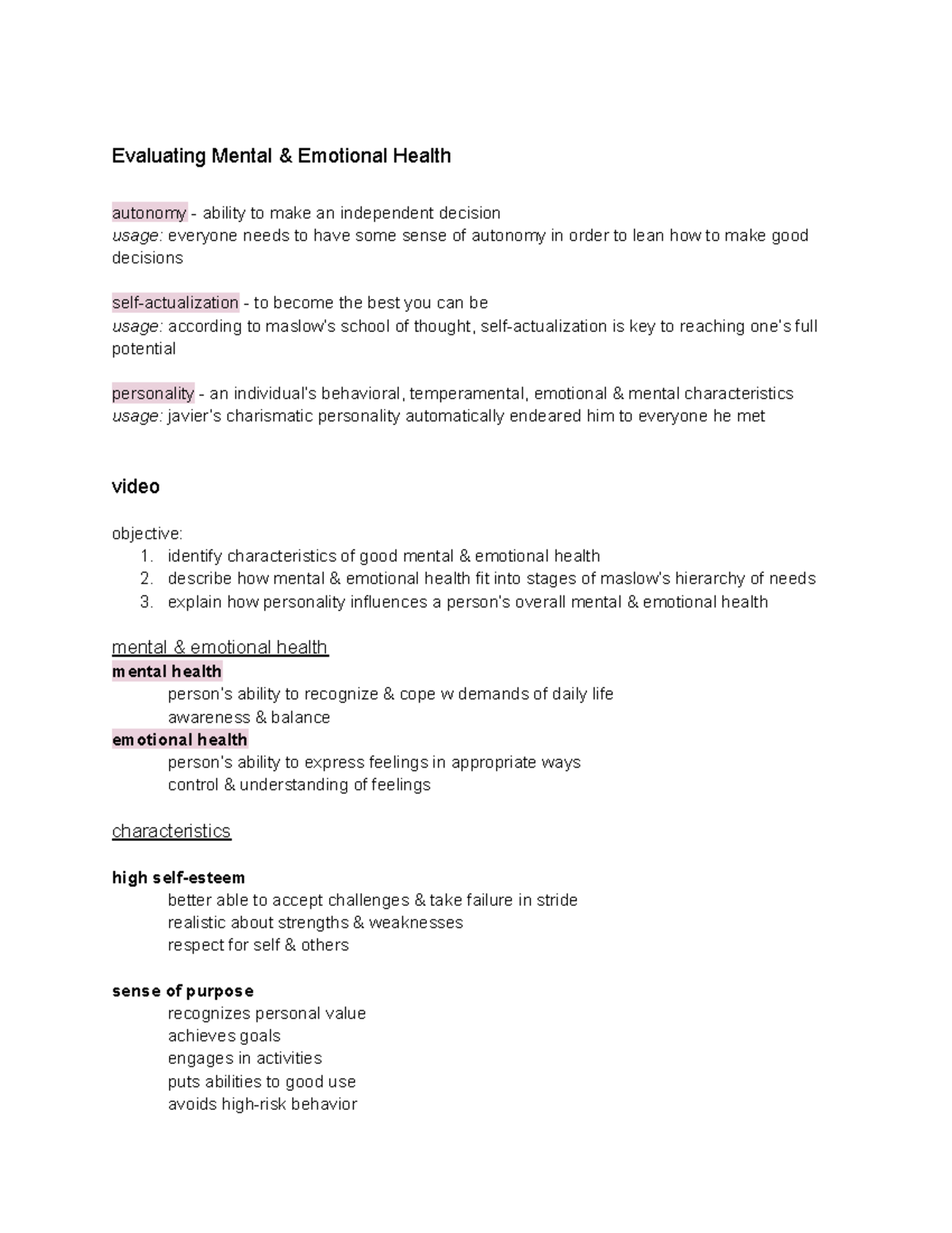 Session 2 summer pe 10-12 notes - Evaluating Mental & Emotional Health ...