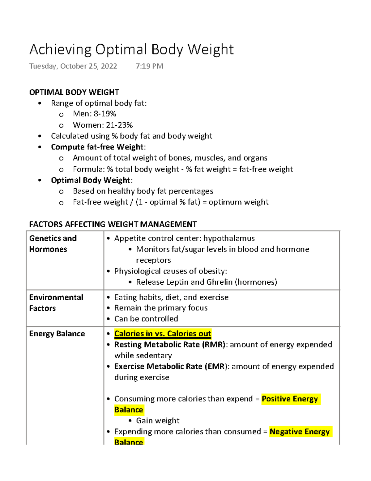Achieving Optimal Body Weight - OPTIMAL BODY WEIGHT Range of optimal ...