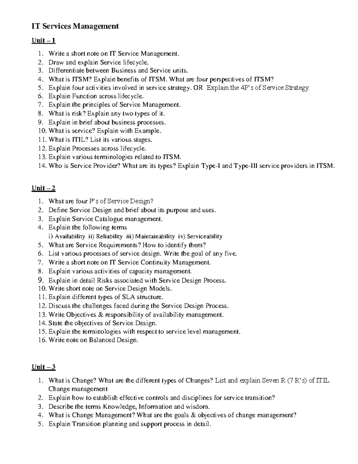 ITSM Question Bank - IT Services Management Unit – 1 Write a short note ...