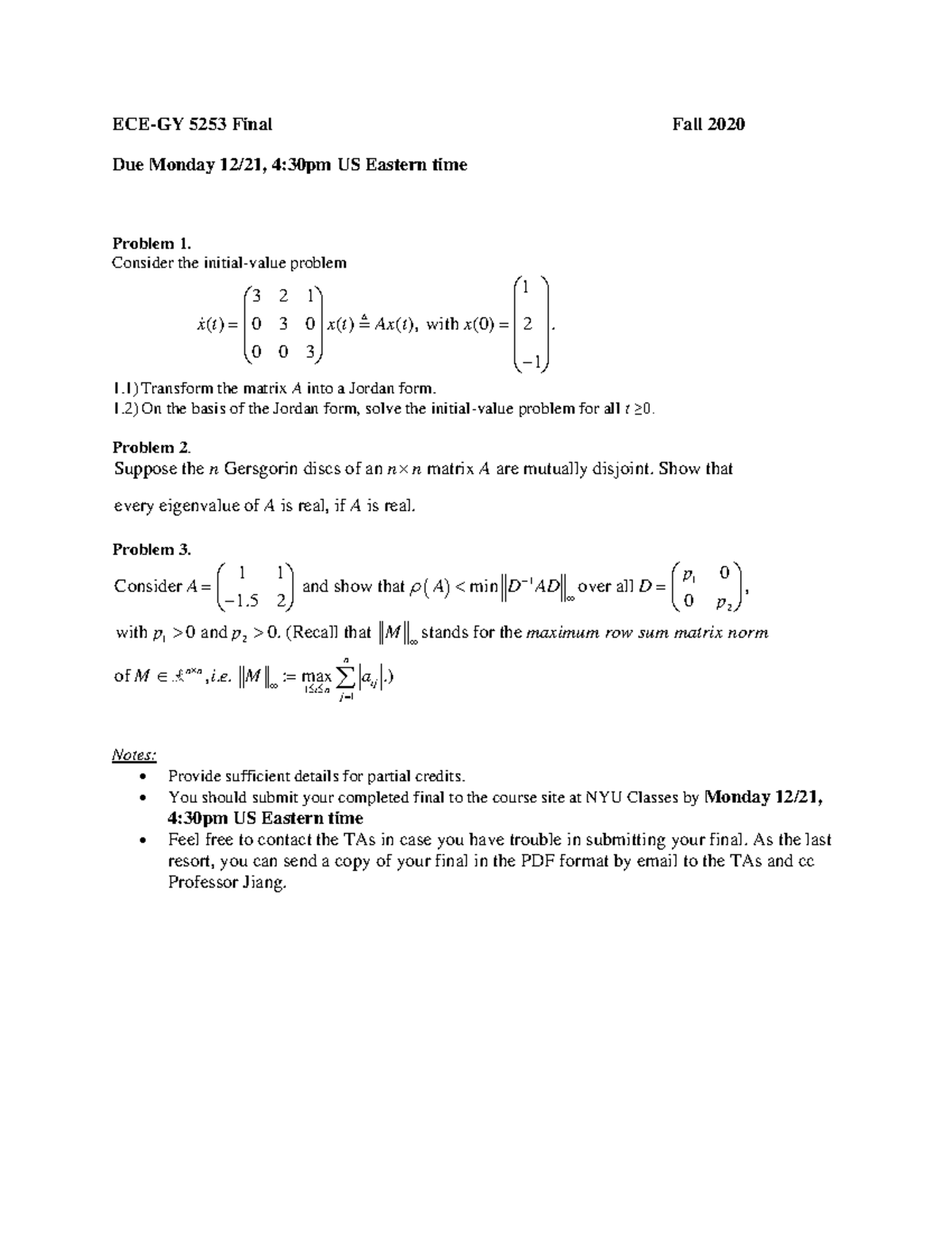 Qecegy 5253-Final Exam Fall-2020 - ECE-GY 5253 Final Fall 2020 Due Monday 12/21, 4:30pm US ...
