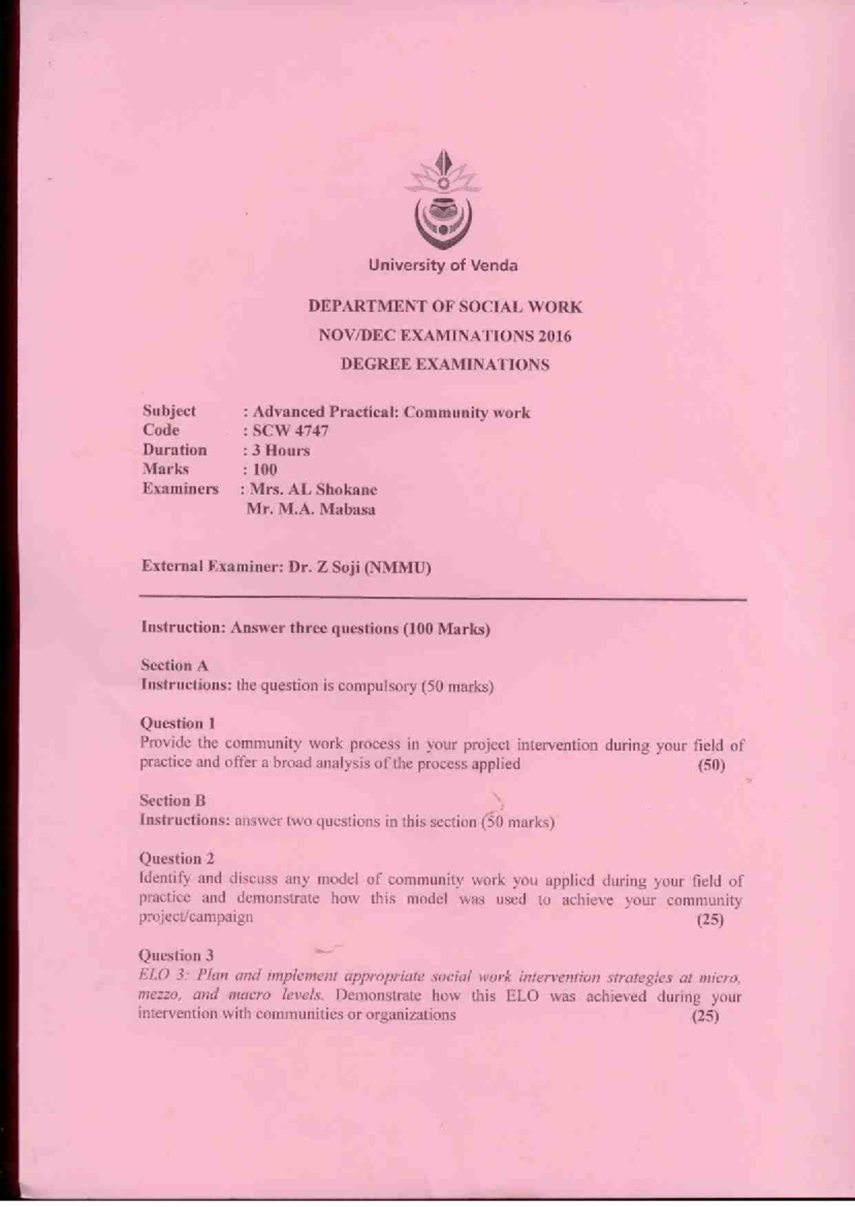 1 - QUESTION PAPER - University of Venda DEPARTMENT OF SOCIAL WORK ...