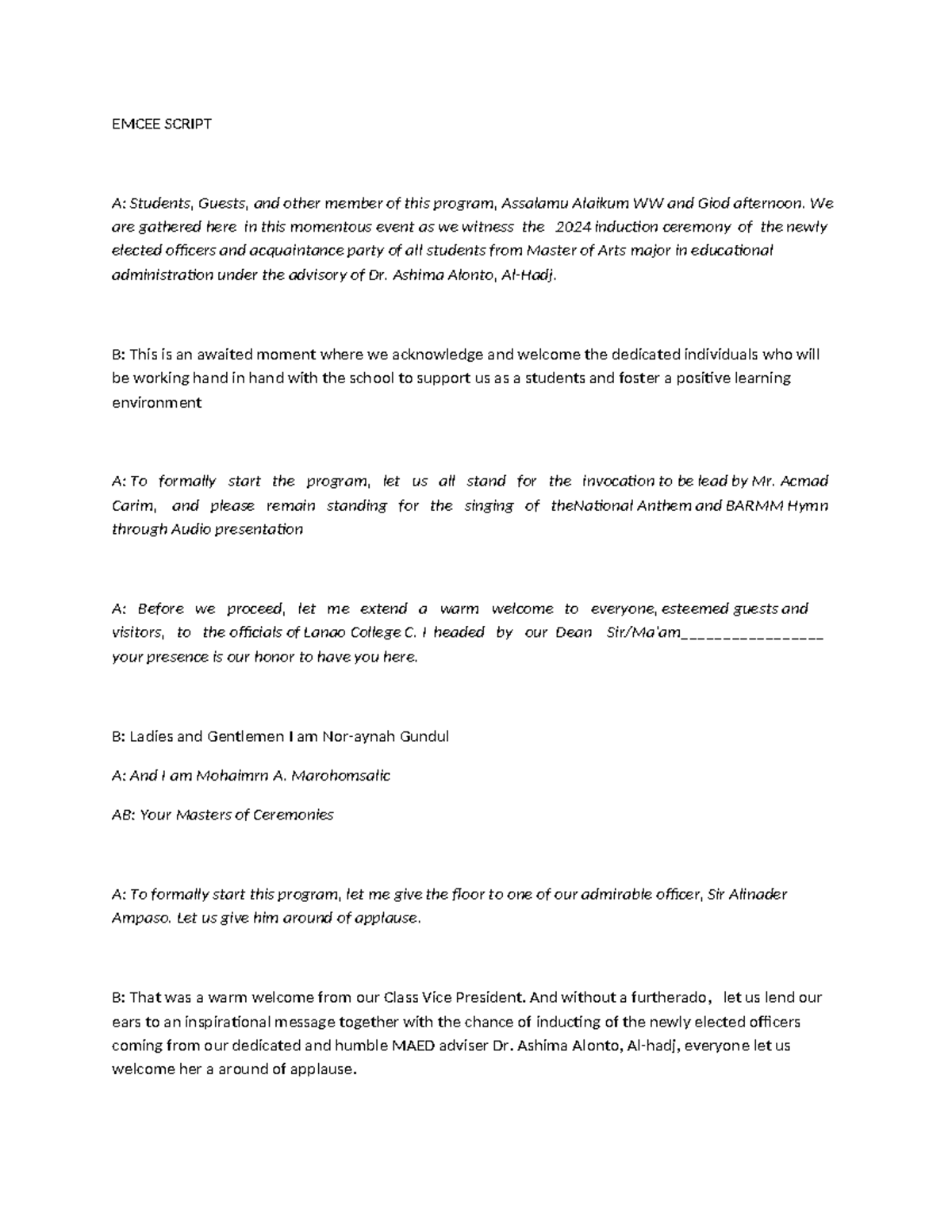 Induction Emcee Script - EMCEE SCRIPT A: Students, Guests, and other ...
