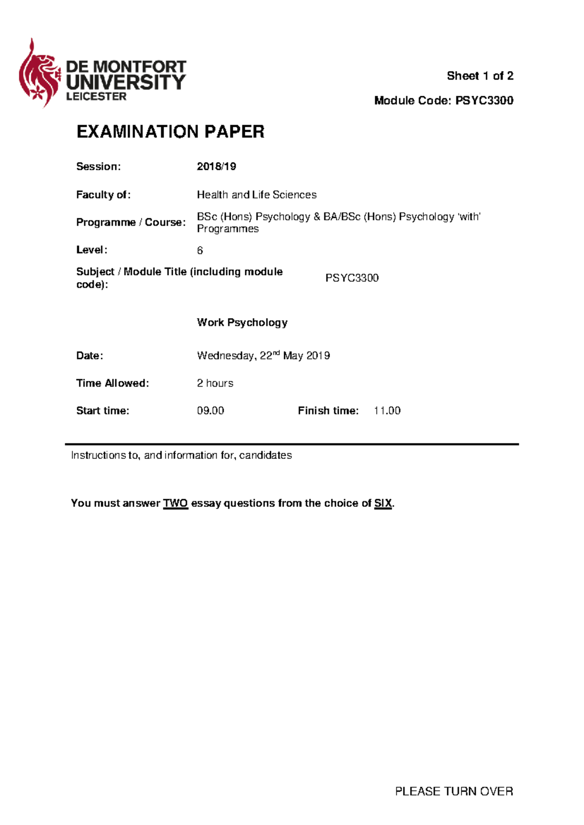 Psyc3300 Exam 2019 Warning Tt Undefined Function 32 Sheet 1 Of 2 Module Code Psyc Please