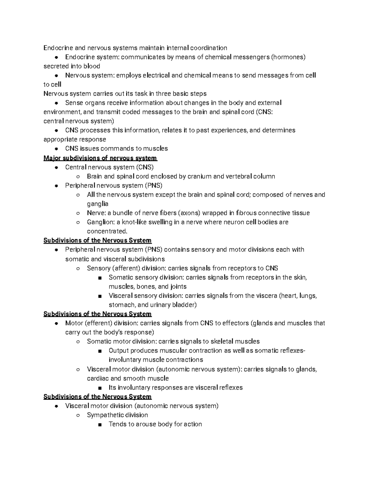 Nervous System Notes - Endocrine and nervous systems maintain internal ...