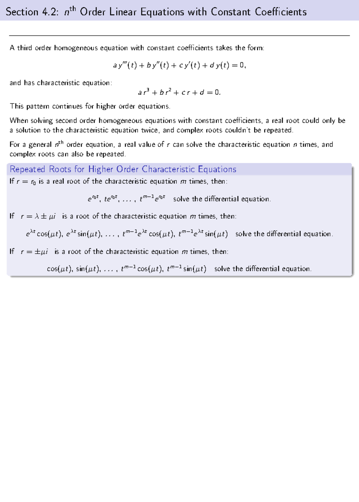 4.2 nth Order Linear Equations with Constant Coefficients - This pattern continues for higher ...