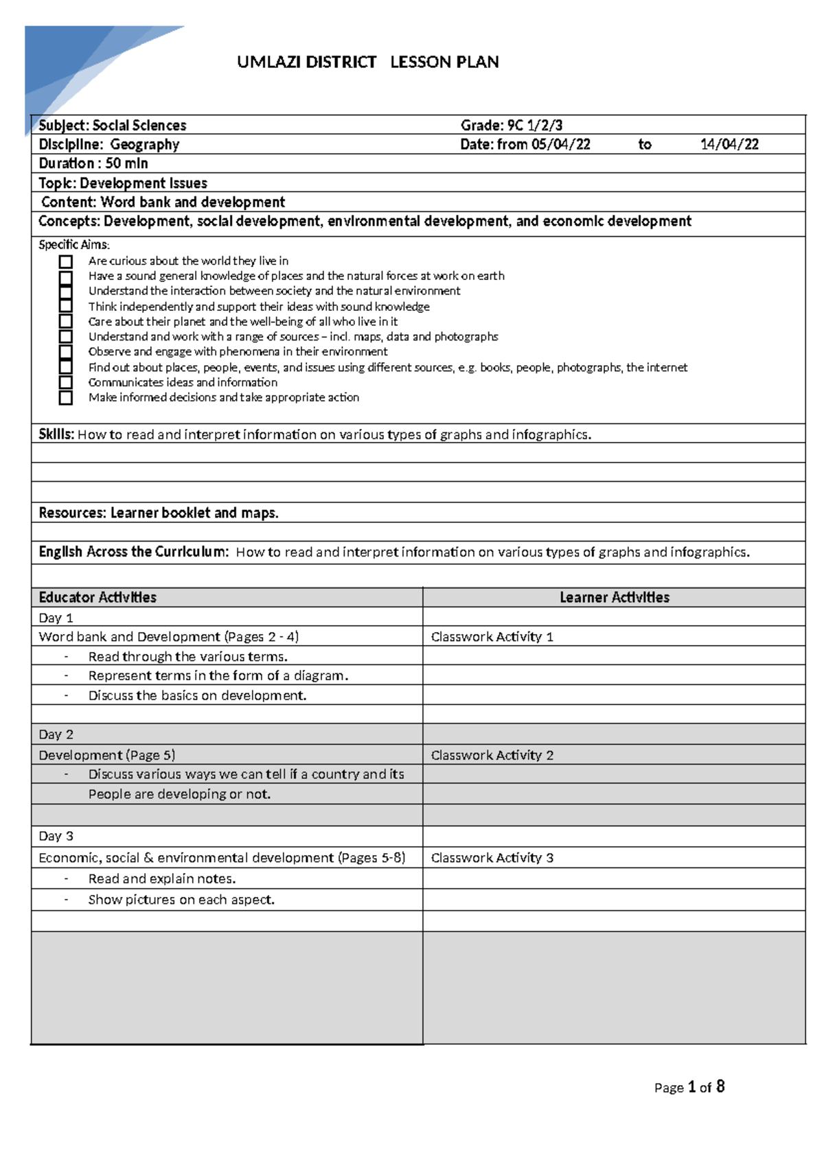Gr9 CAPS Lesson Plans T2 Geog - Subject: Social Sciences Grade: 9C 1/2 ...