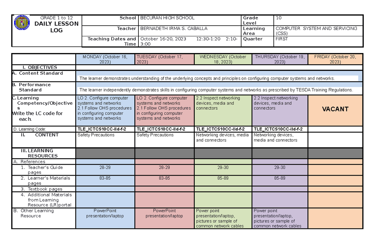 DLL ICT 10 1ST Quarter WEEK 7 - GRADE 1 to 12 DAILY LESSON LOG School ...