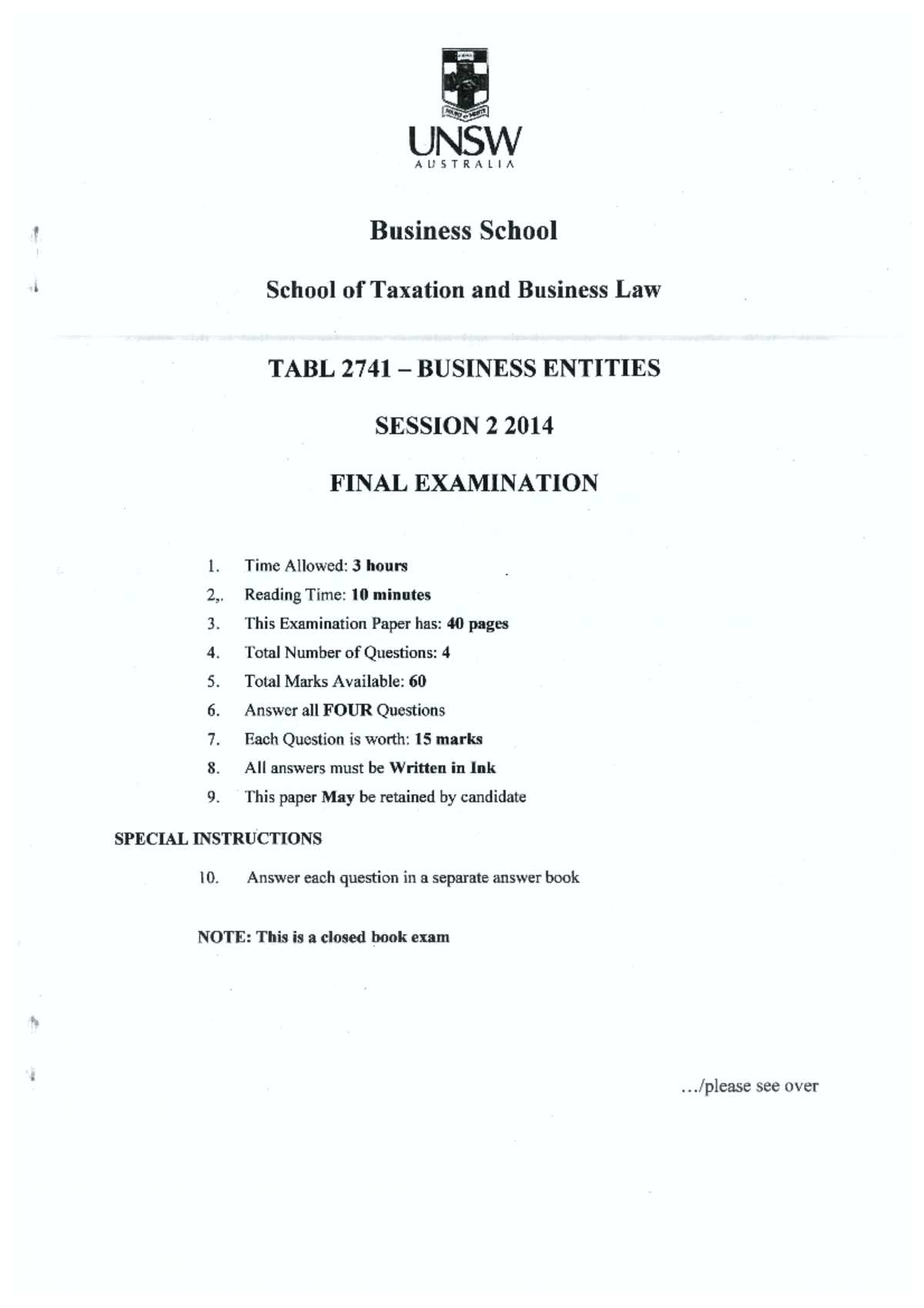 Exam 2014, questions - W UNSW AUSTRALIA Business School School of ...