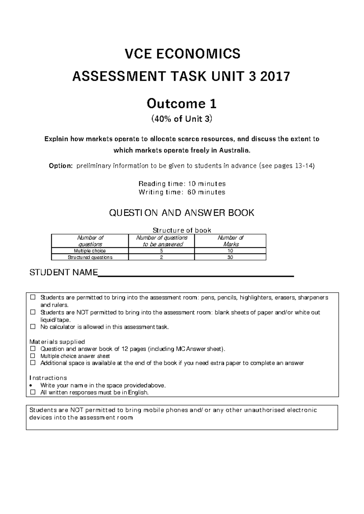 U3 O1 ECO Outcome 1 Questions Prac1 - VCE ECONOMICS ASSESSMENT TASK ...