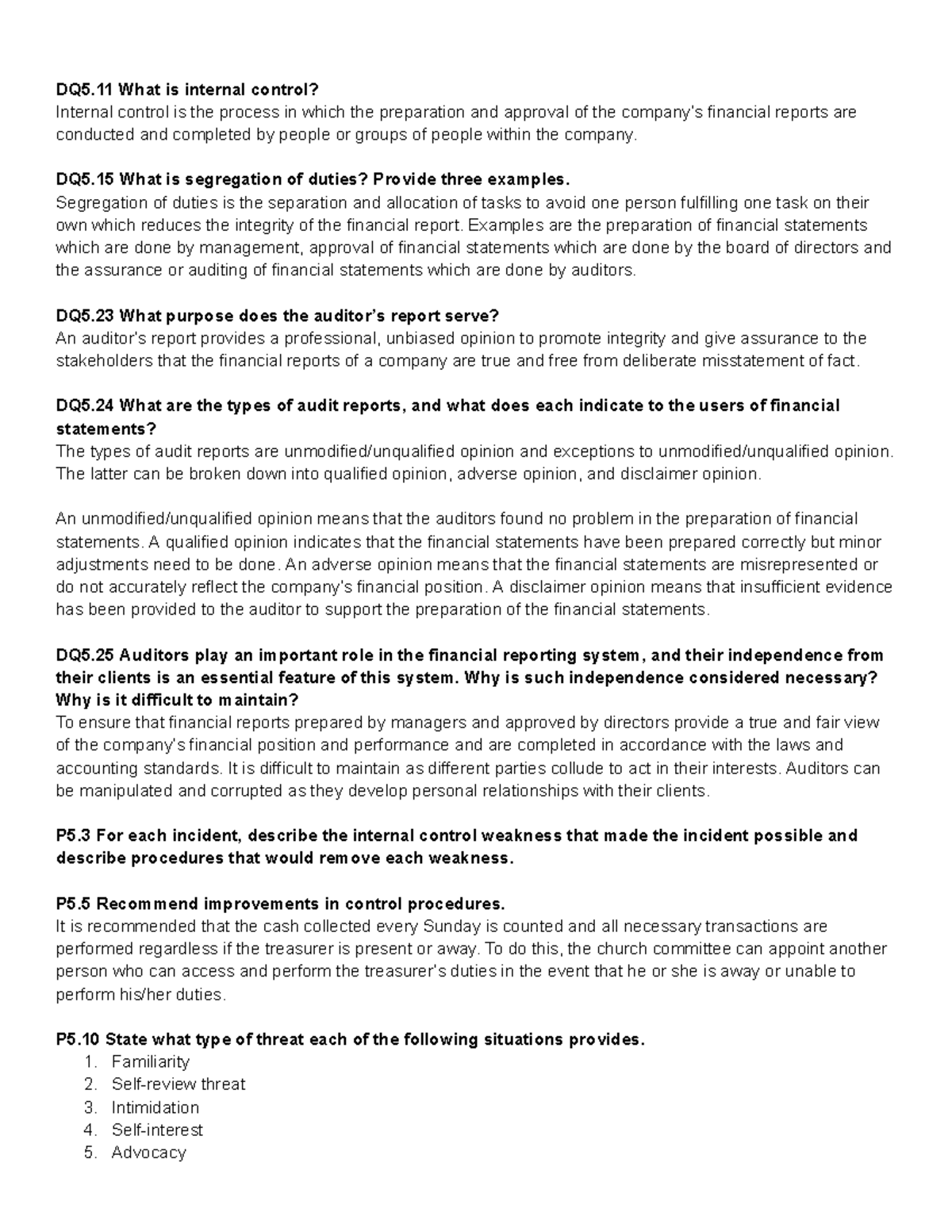 WK9 HW Tutorial Questions - DQ5 What is internal control? Internal ...