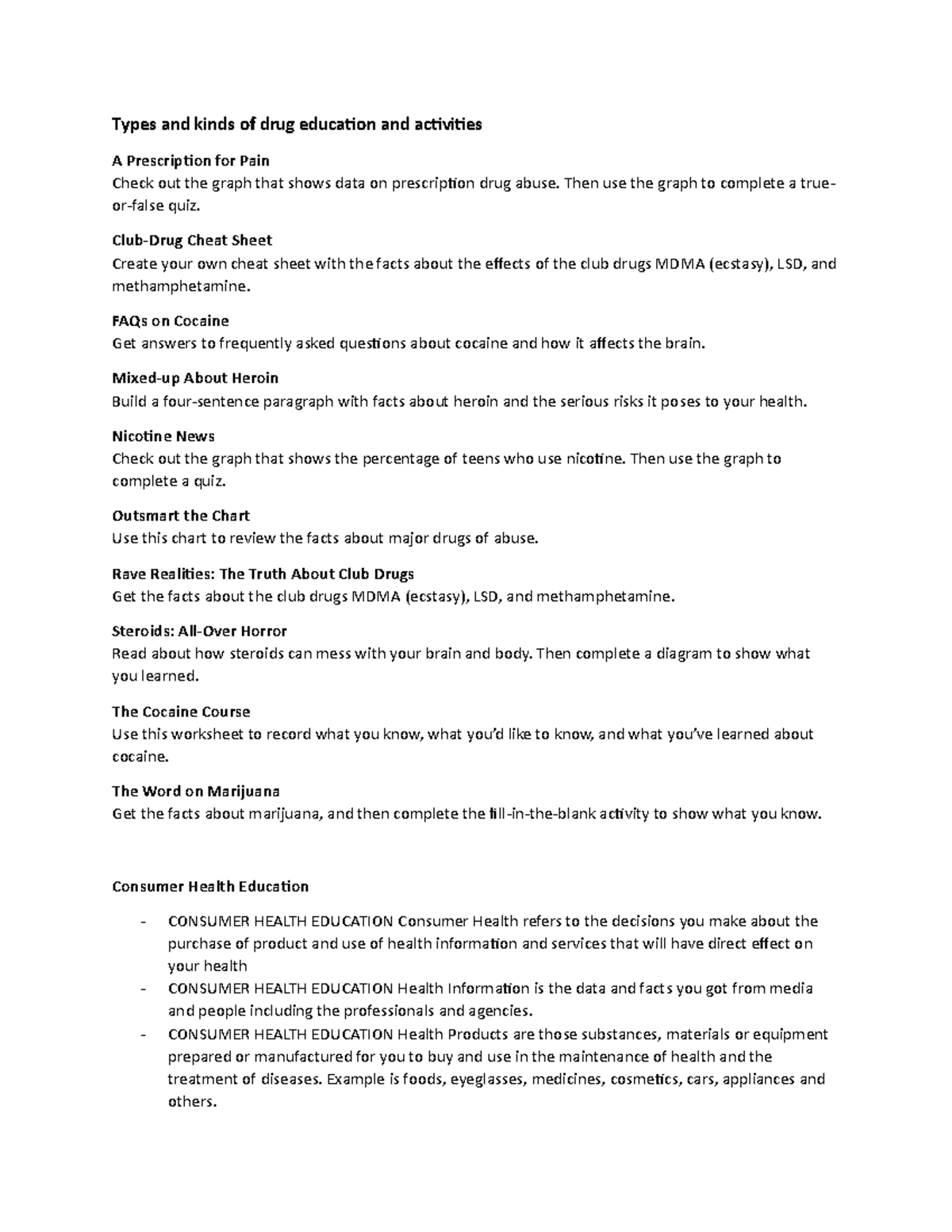Activity 1 DRUG Education, Consumer Health, AND Nutrition - Types and ...