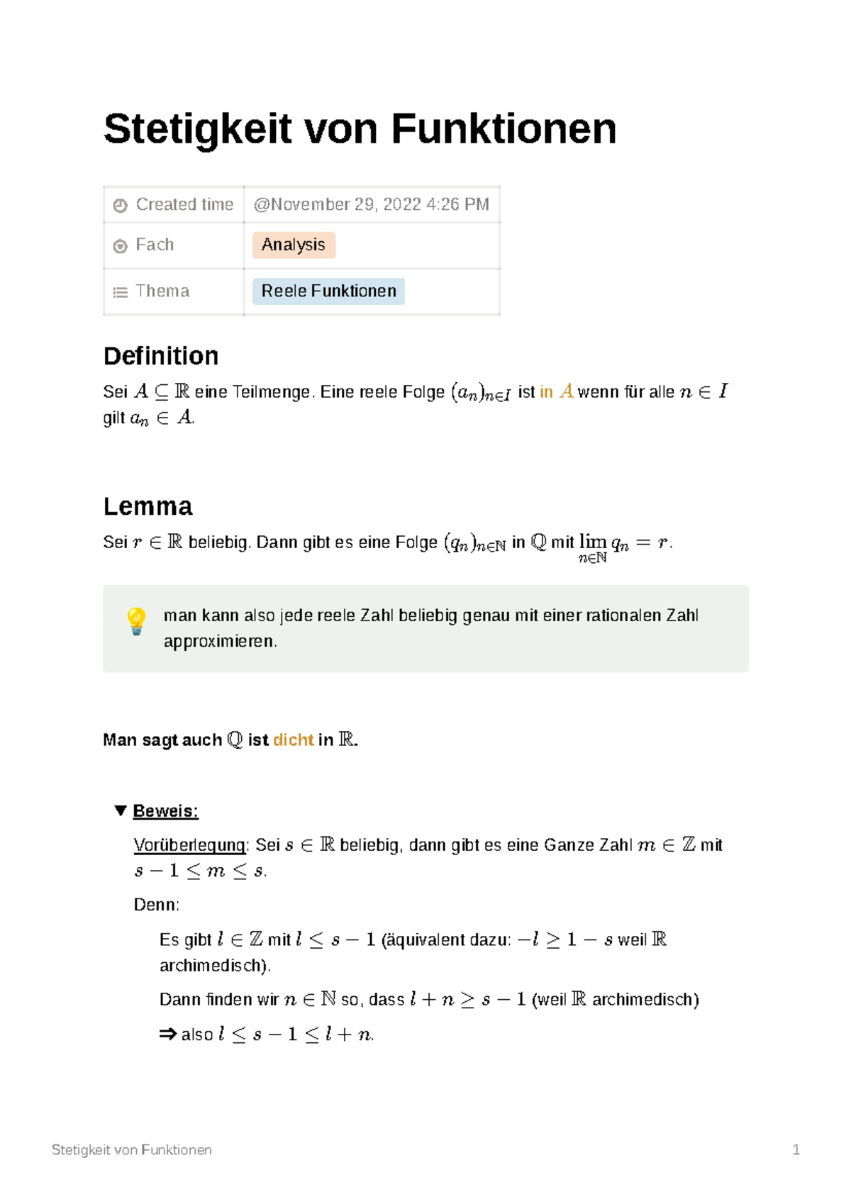 Stetigkeit von Funktionen - Stetigkeit von Funktionen Created time Fach ...