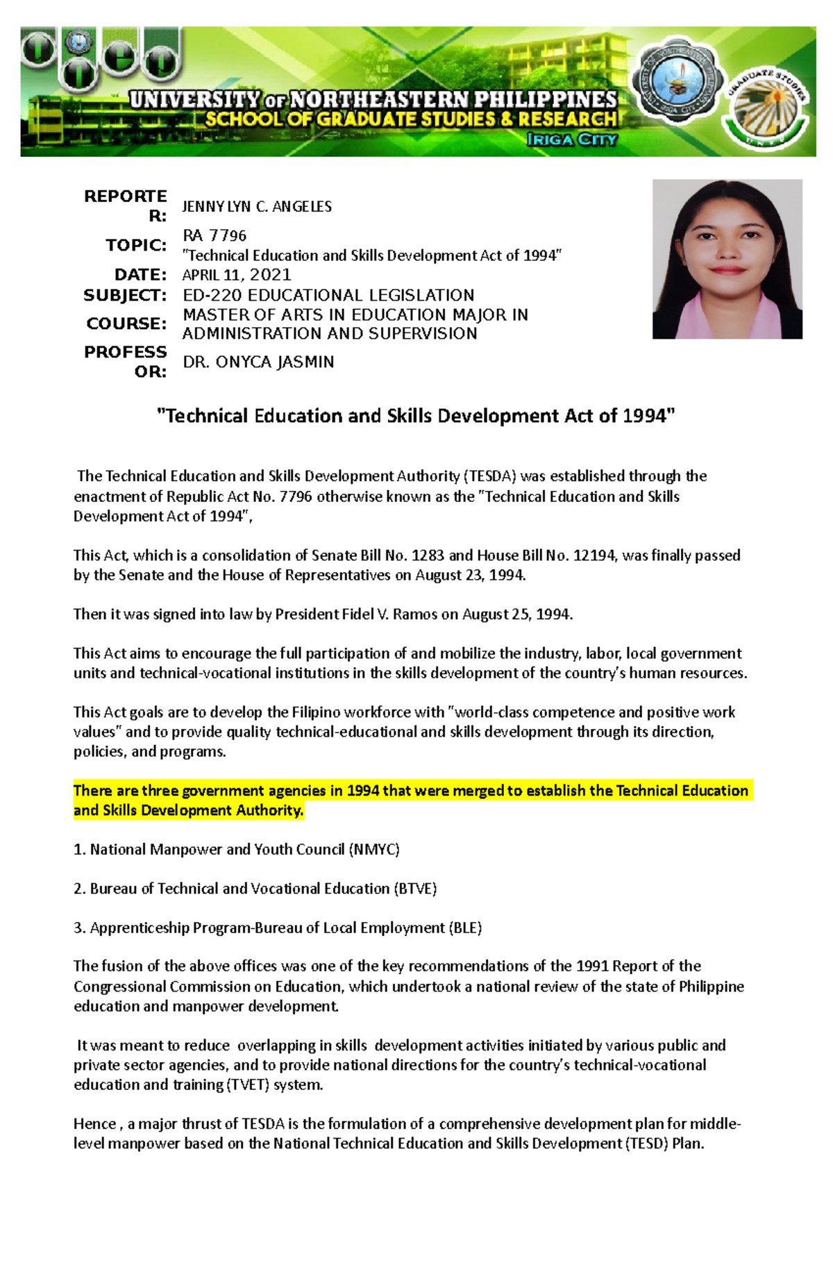 RA 7796 Tesda ( Jenny LYN Angeles) - "Technical Education and Skills ...