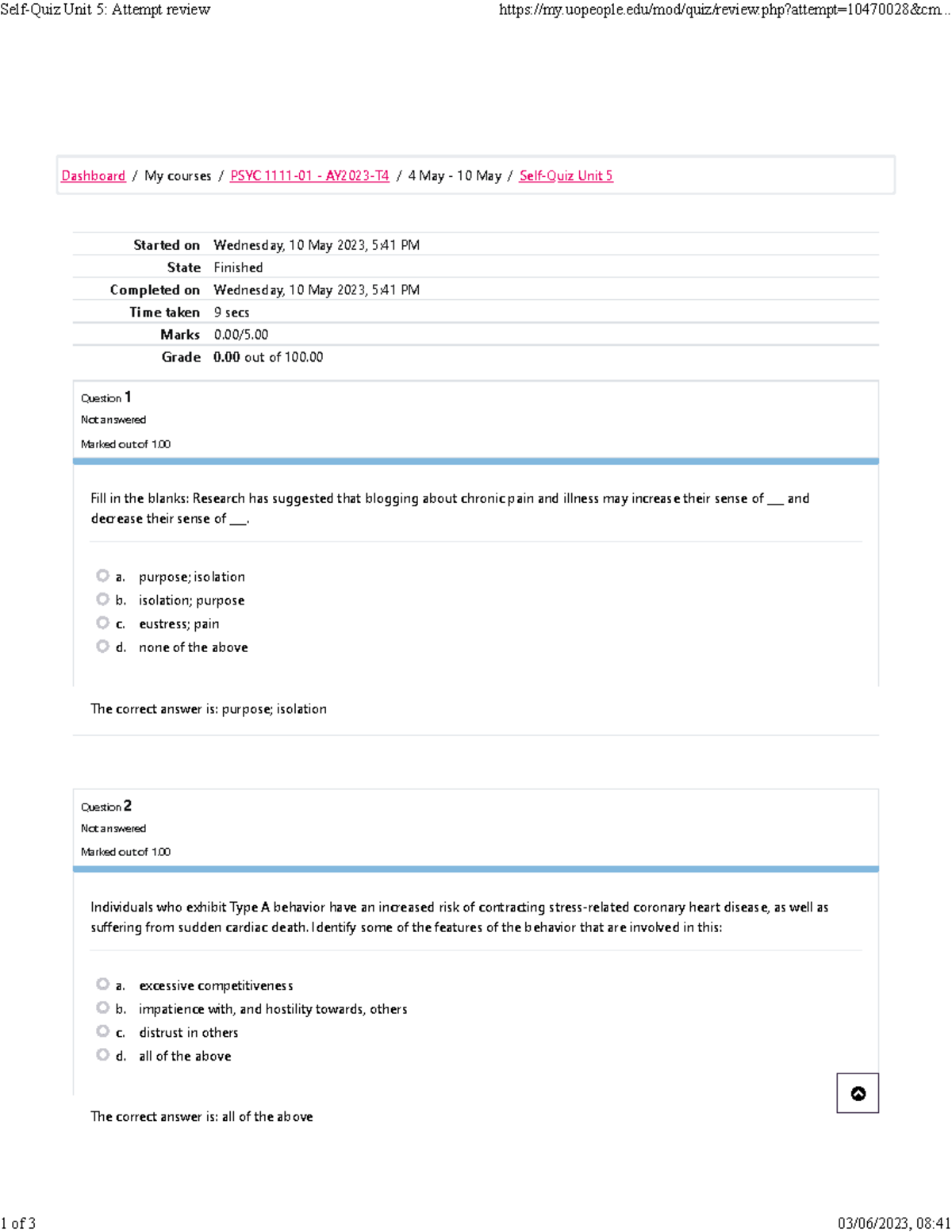 Self-Quiz Unit 5 Attempt review - Started on Wednesday, 10 May 2023, 5:41 PM State Finished ...