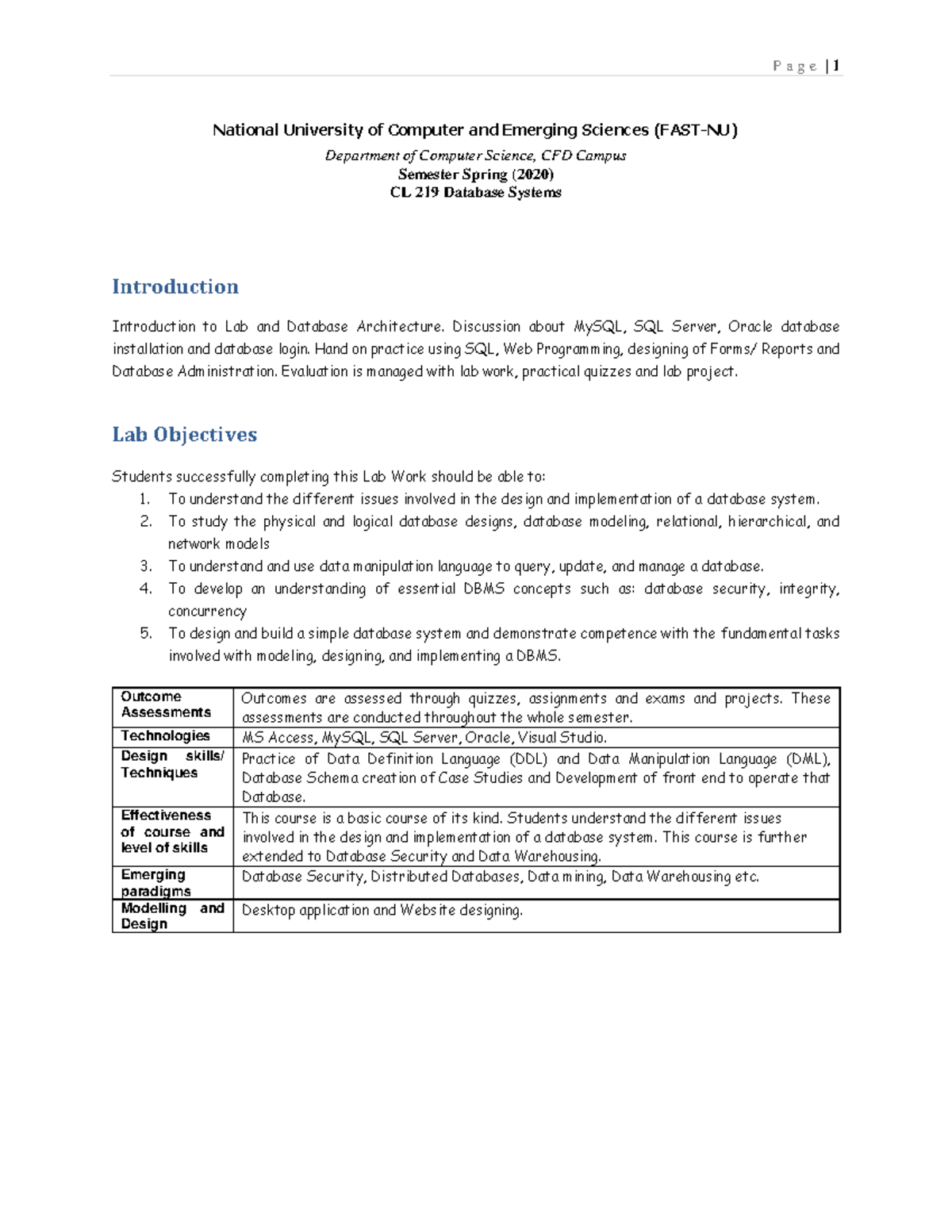 Database Systems Lab (Hussnain) - P a g e | 1 National University of ...