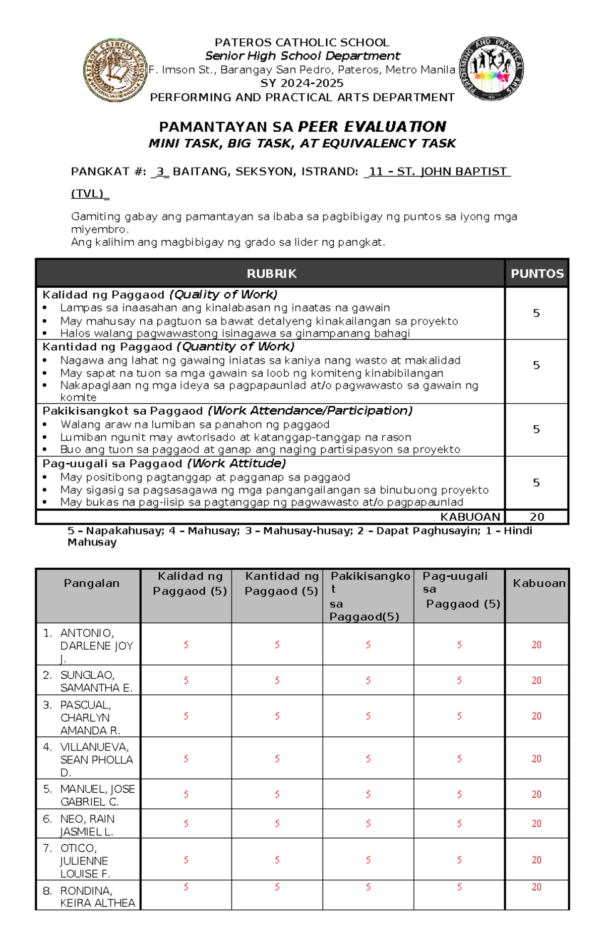 PEER Evaluation Template - PATEROS CATHOLIC SCHOOL Senior High School ...