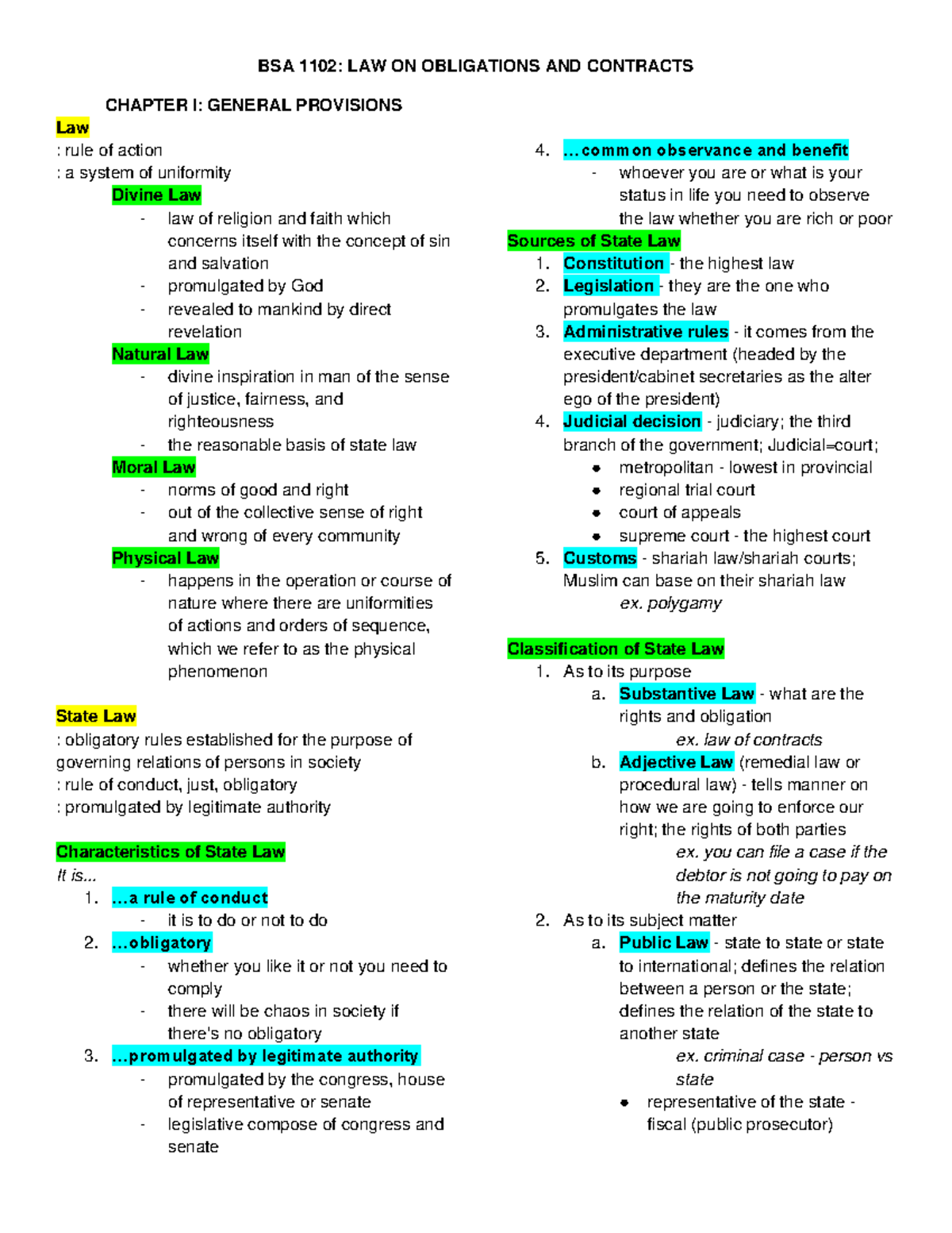 Law on Obligations and Contracts 1 - CHAPTER I: GENERAL PROVISIONS Law : rule of action : a ...