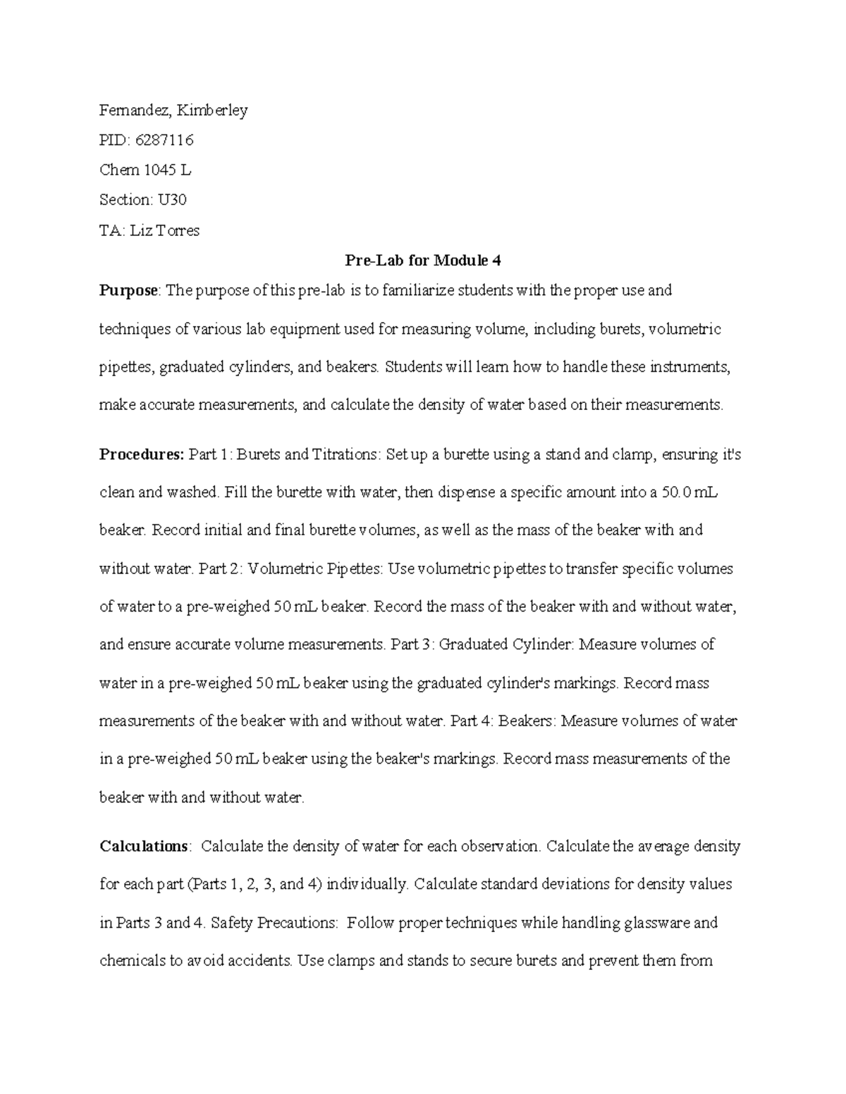 Pre lab module 4 - Fernandez, Kimberley PID: 6287116 Chem 1045 L ...