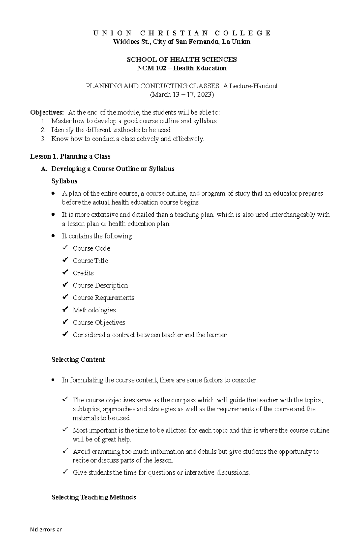 NCM-102-Health-Educ-Midterm-4-Lec-Handout 4 - U N I O N C H R I S T I A ...