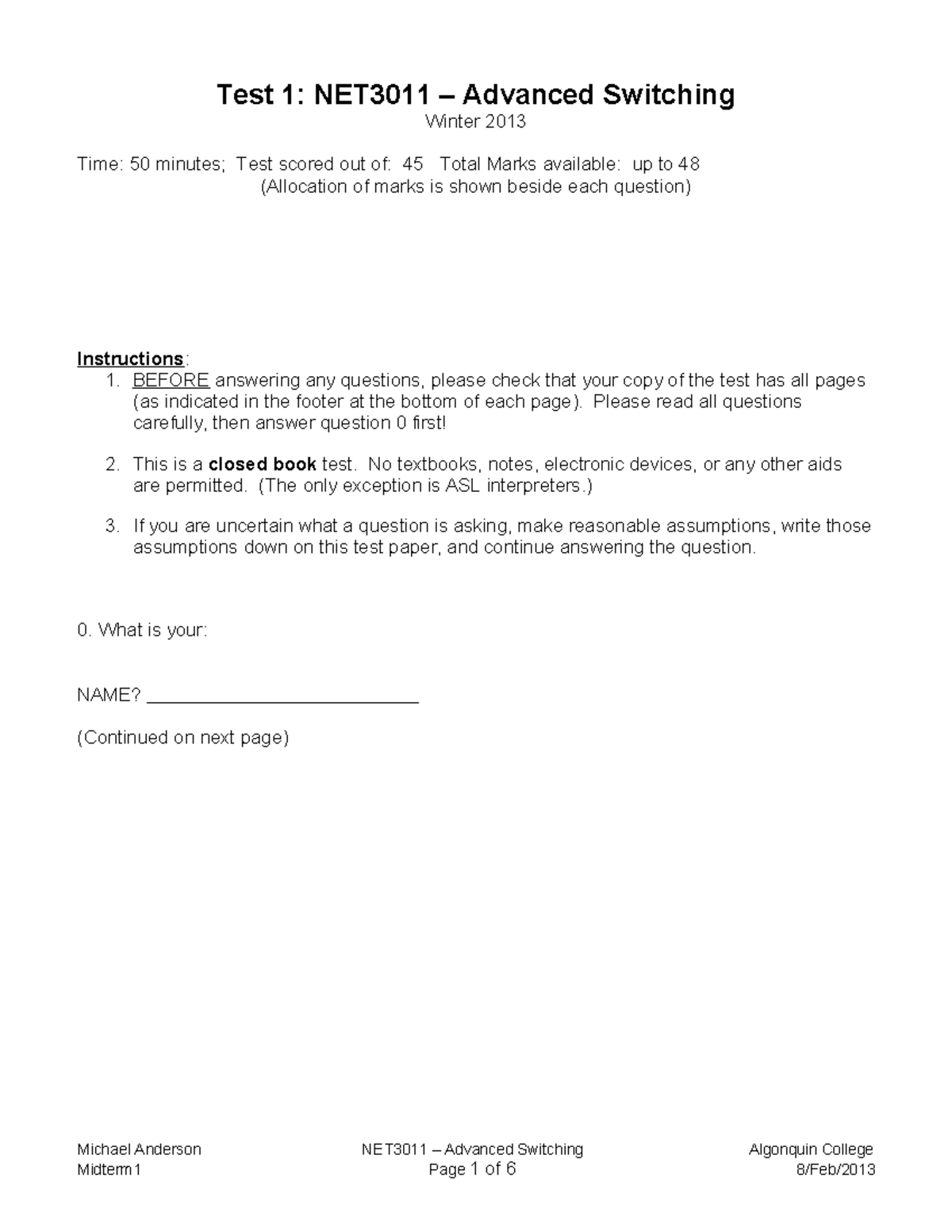 Midterm 1W13-With Answers - Test 1: NET3011 – Advanced Switching Winter ...