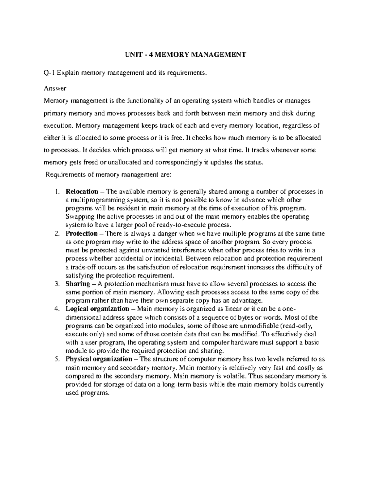 Unit-4 Operating system - UNIT - 4 MEMORY MANAGEMENT Q-1 Explain memory management and its - Studocu