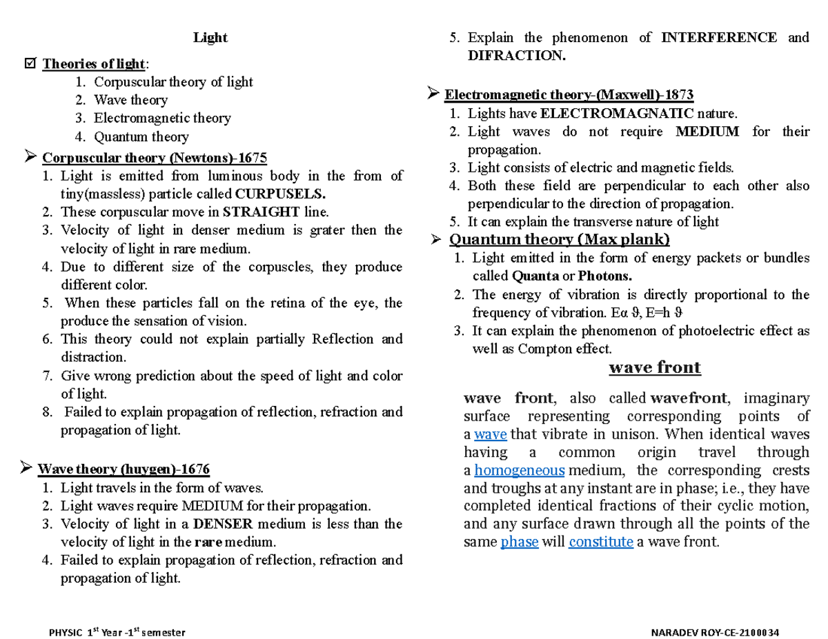 Physic 1st year 1st semister - Light Theories of light: 1. Corpuscular ...