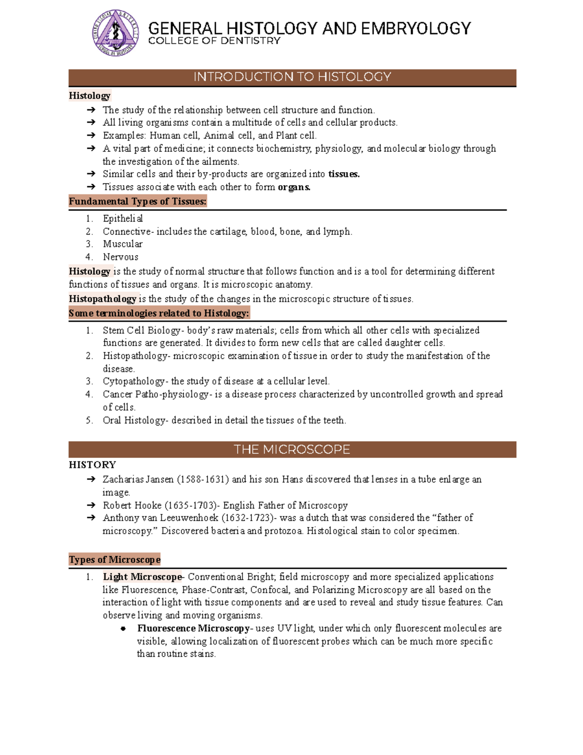 General Histology Notes - COLLEGE OF DENTISTRY INTRODUCTION TO ...