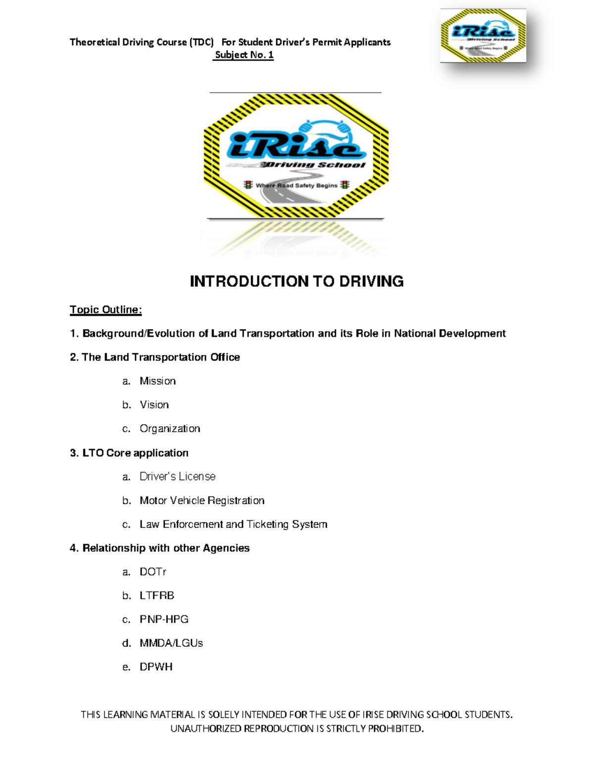 Subject 1-Introduction to Driving - Subject No. 1 THIS LEARNING ...