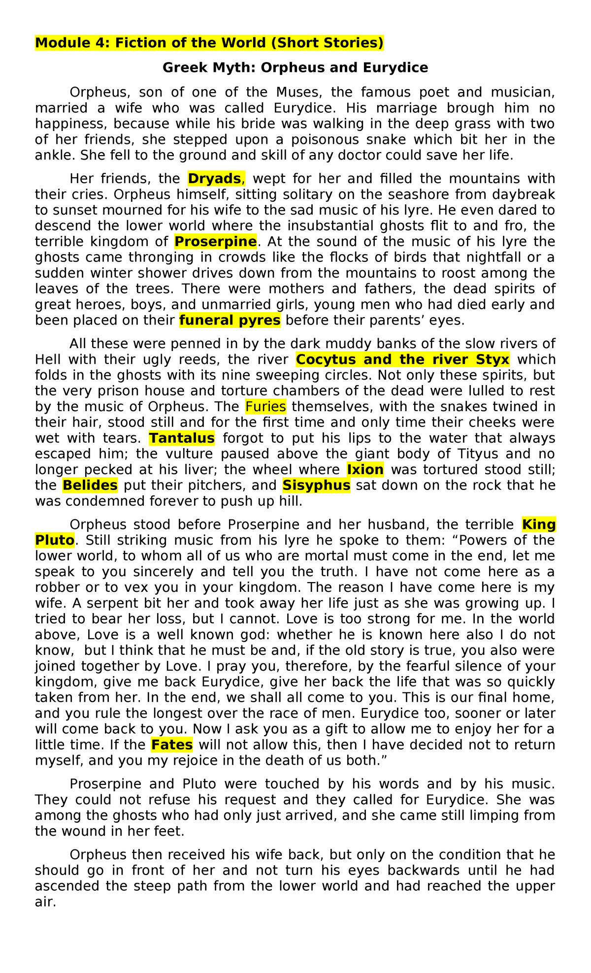 Module-4 - World Lit - Module 4: Fiction of the World (Short Stories) Greek Myth: Orpheus and ...