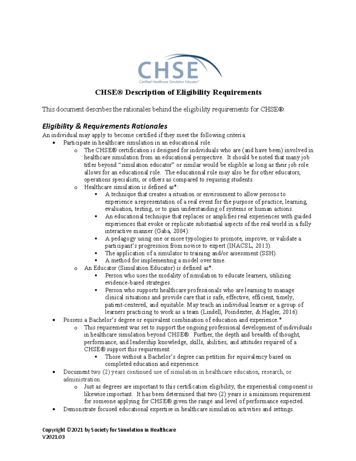 CHSE Eligibiliy Rationales - Copyright © 2021 by Society for Simulation ...