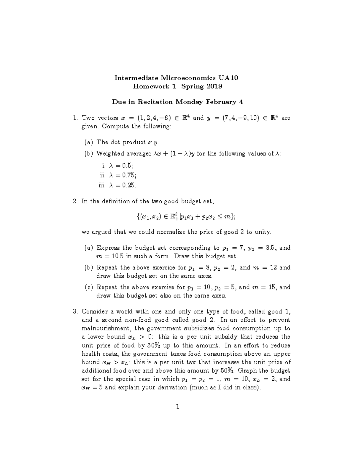 Homework 1 - Professor: Andrew Caplin - Intermediate Microeconomics UA ...
