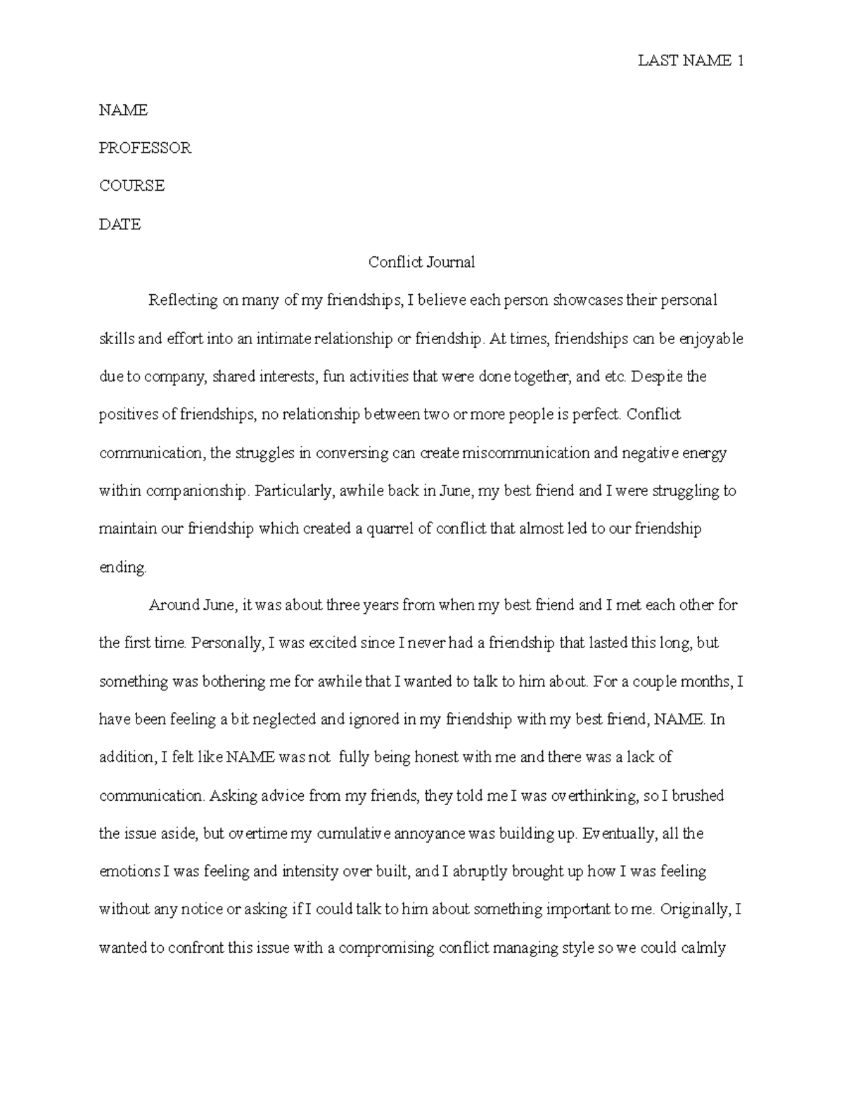 Conflict Journal - Choose one person in your life that whom you have a ...