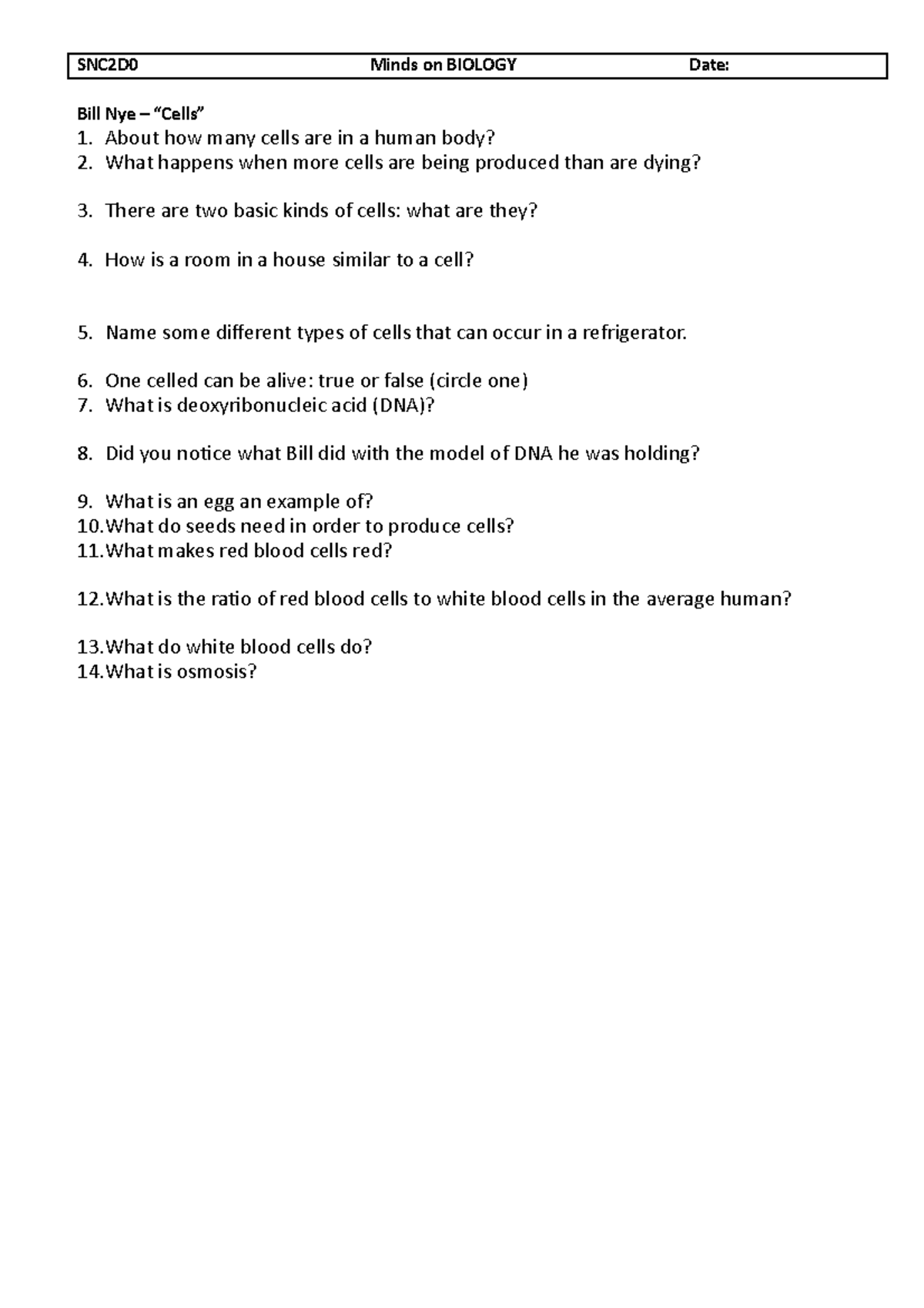 1 - Cells and Organelles - SNC2D - Yorku - Studocu