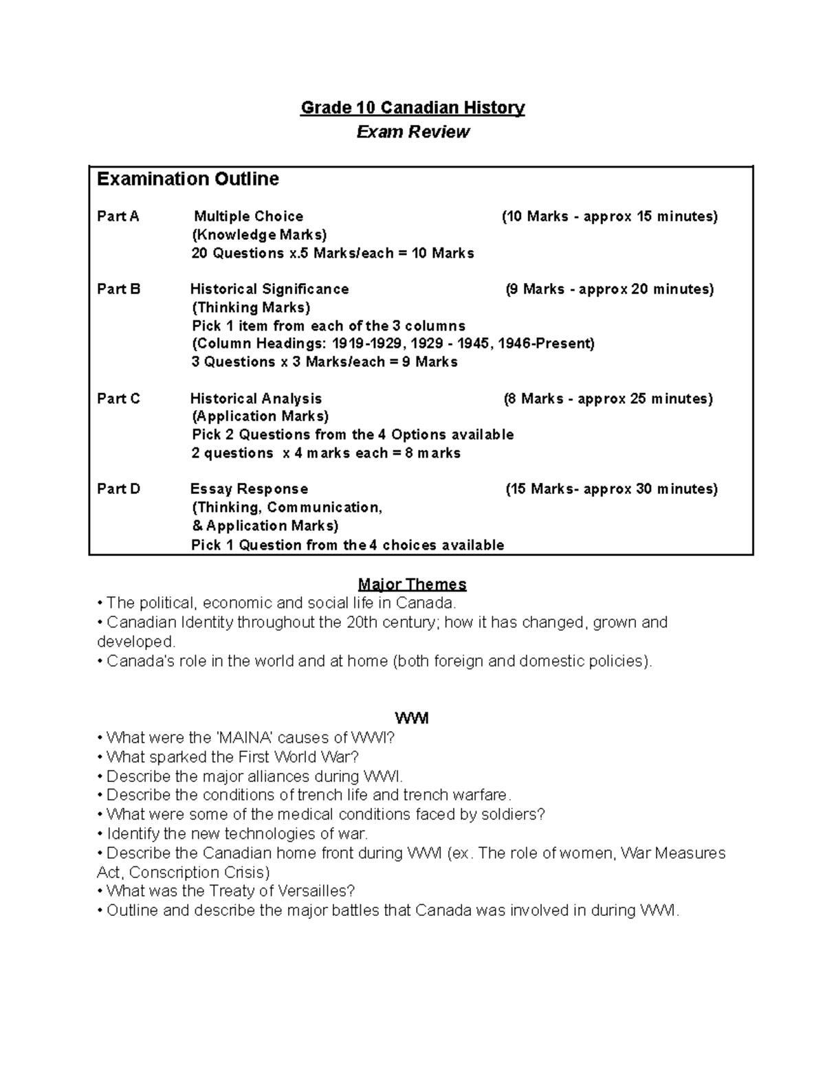 CHC2D Exam Review Jan 2023 - Grade 10 Canadian History Exam Review ...