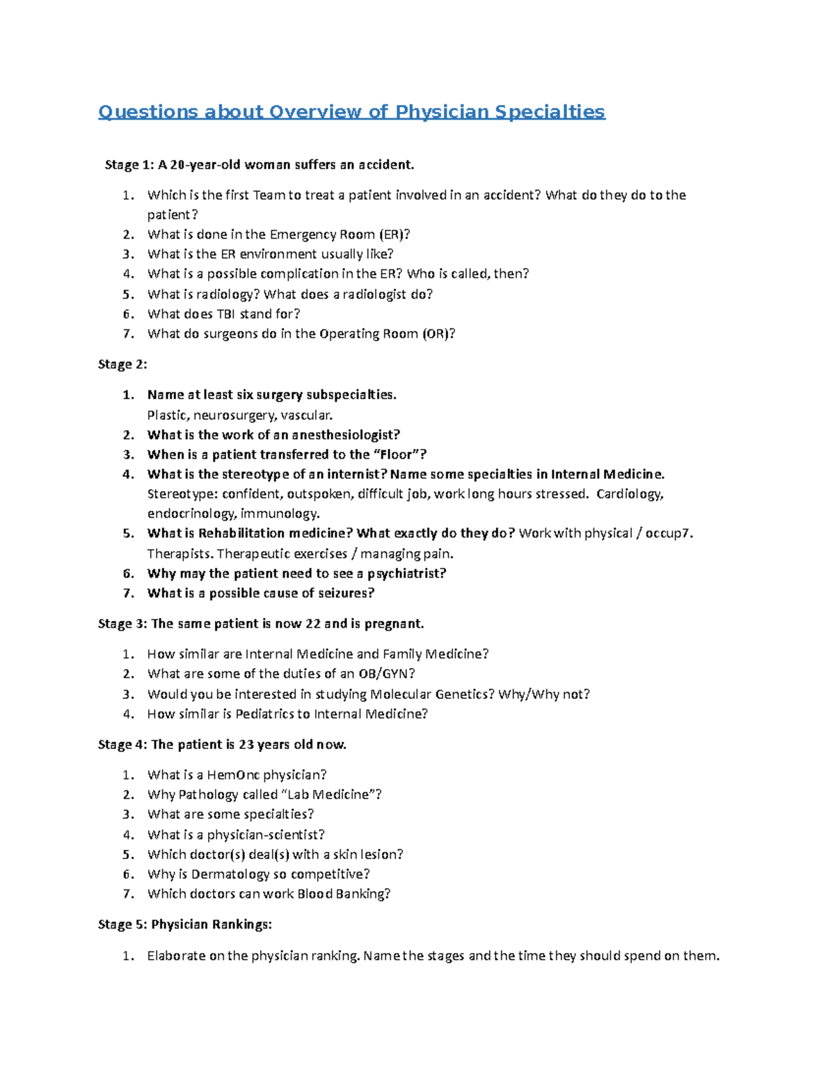 Questions about Overview of Physician Specialties - 1. Which is the ...