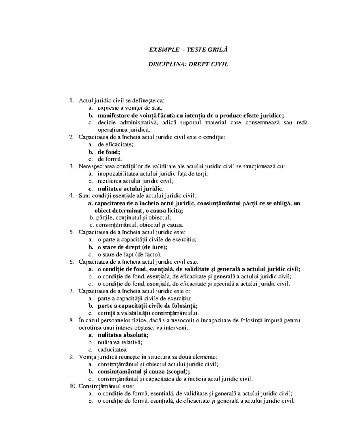 Teste grila licenta civil - EXEMPLE - TESTE GRIL DISCIPLINA: DREPT ...