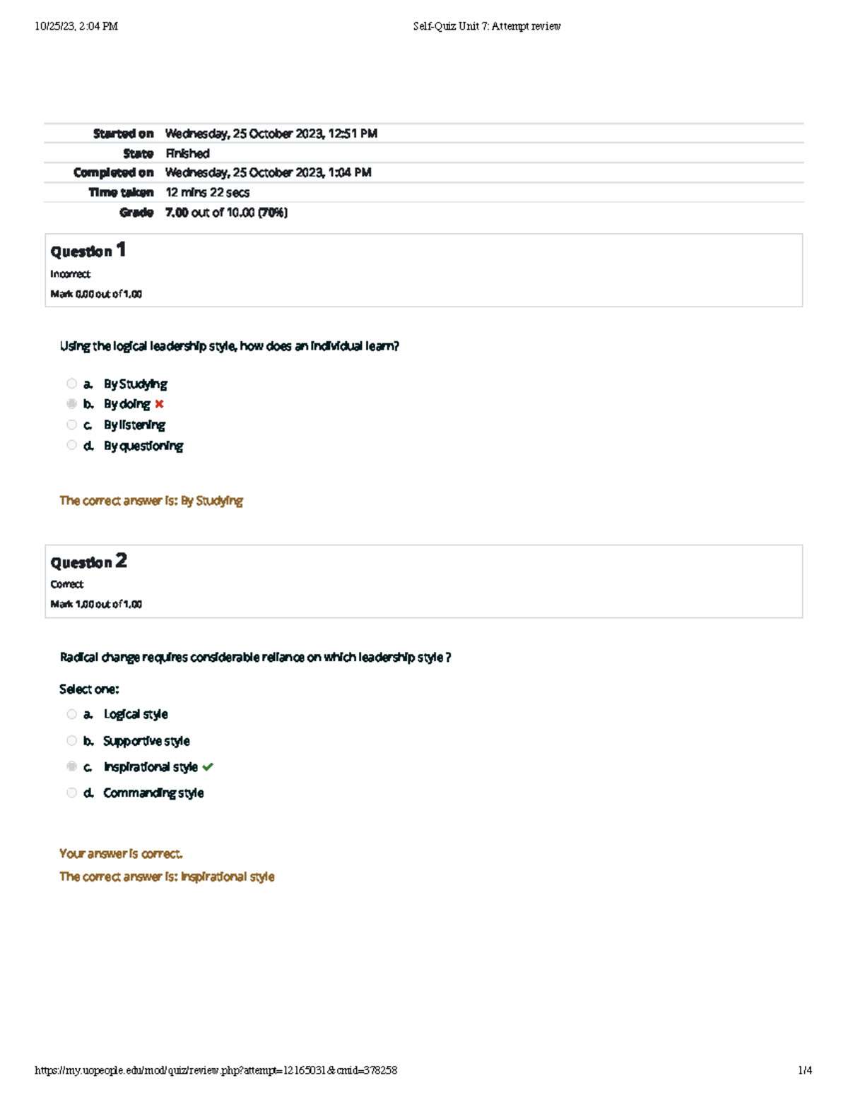Unit 7: Attempt review - Leadership Styles and Change Management - Studocu