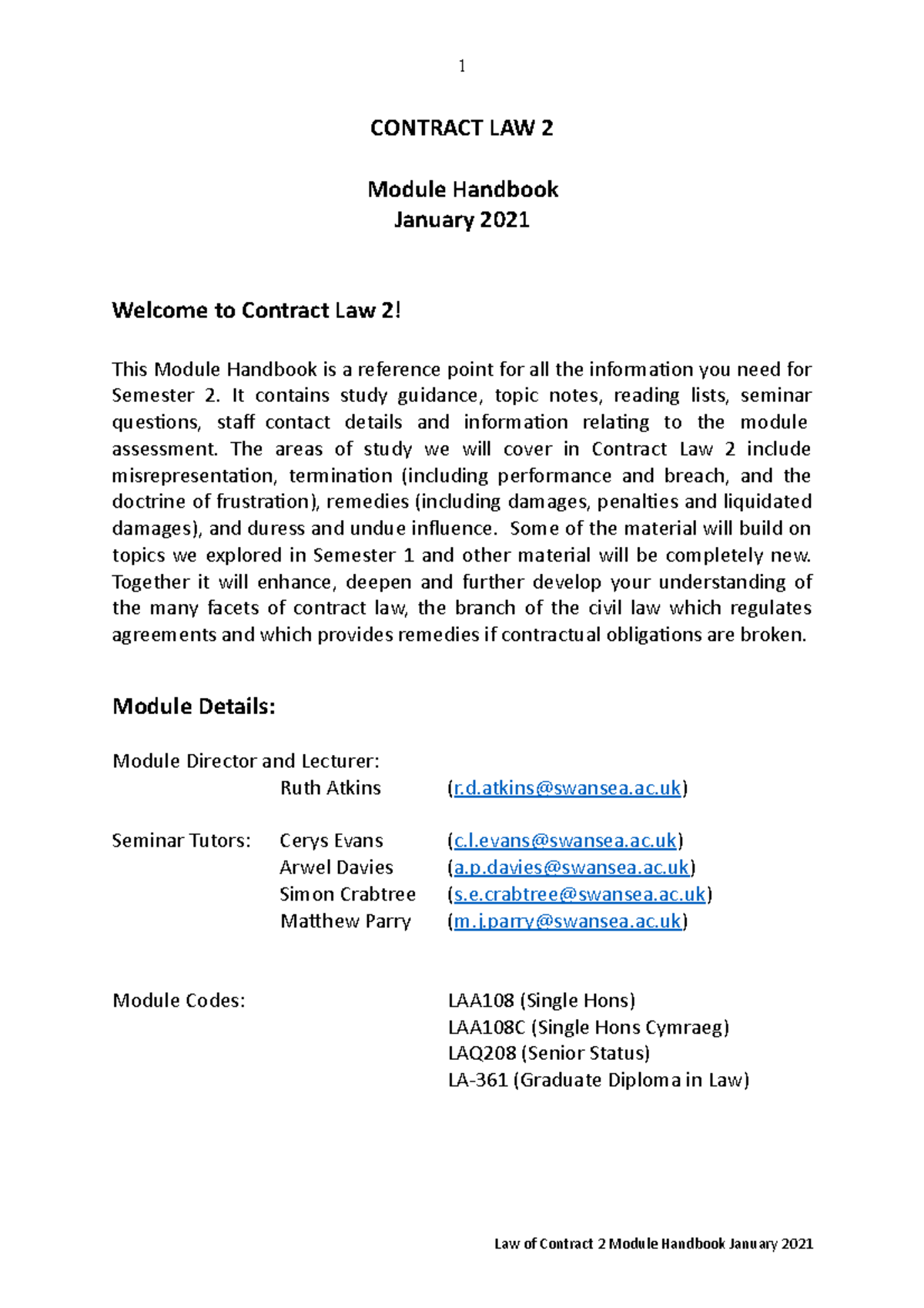 CL2 Module Handbook Jan 21 RDA - CONTRACT LAW 2 Module Handbook January ...