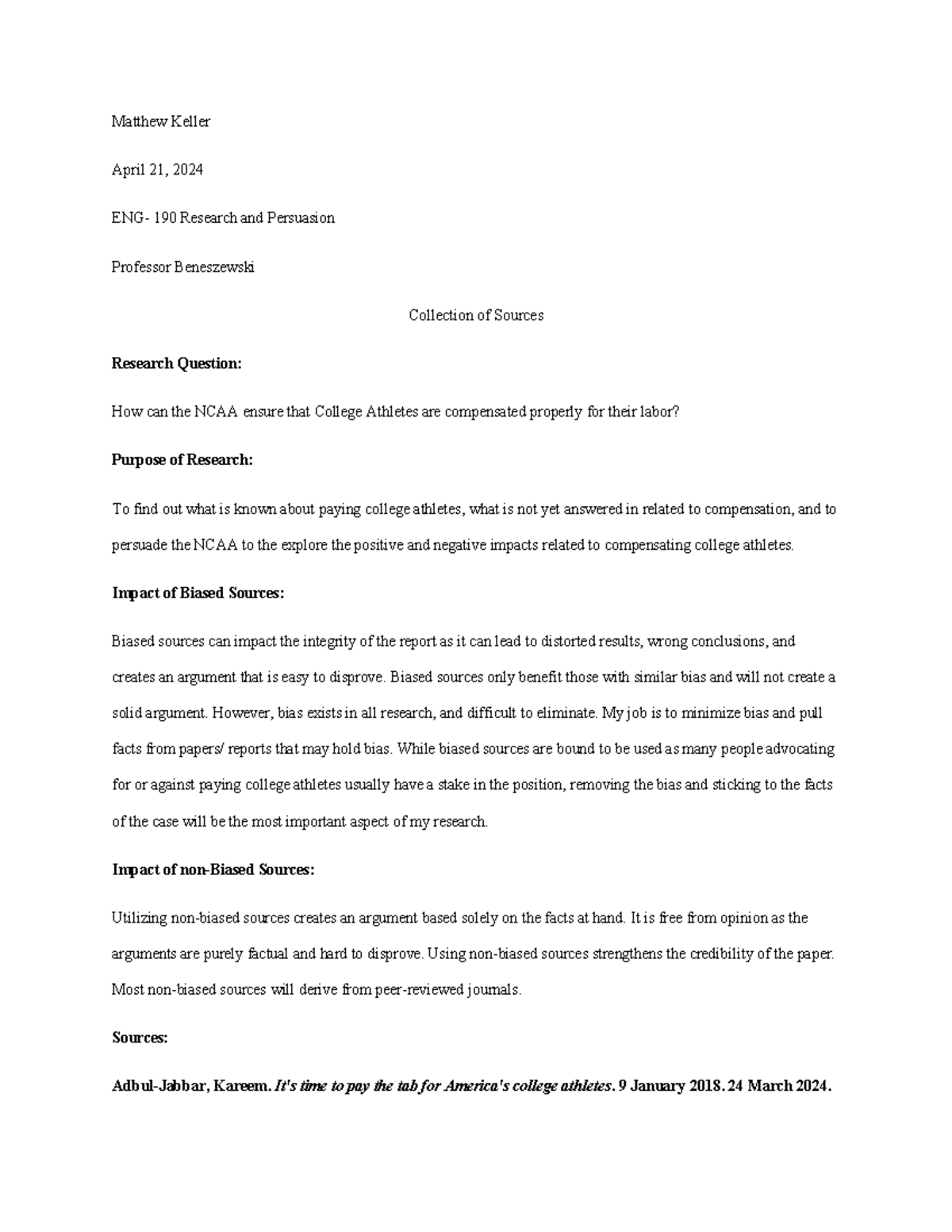 ENG 190 Final Project - Matthew Keller April 21, 2024 ENG- 190 Research ...