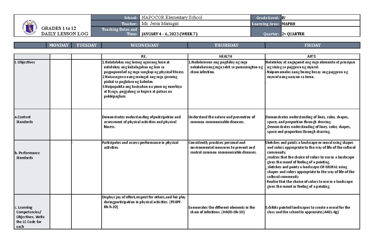 DLL Mapeh W7 - This is a sample daily lesson log for one week. This ...