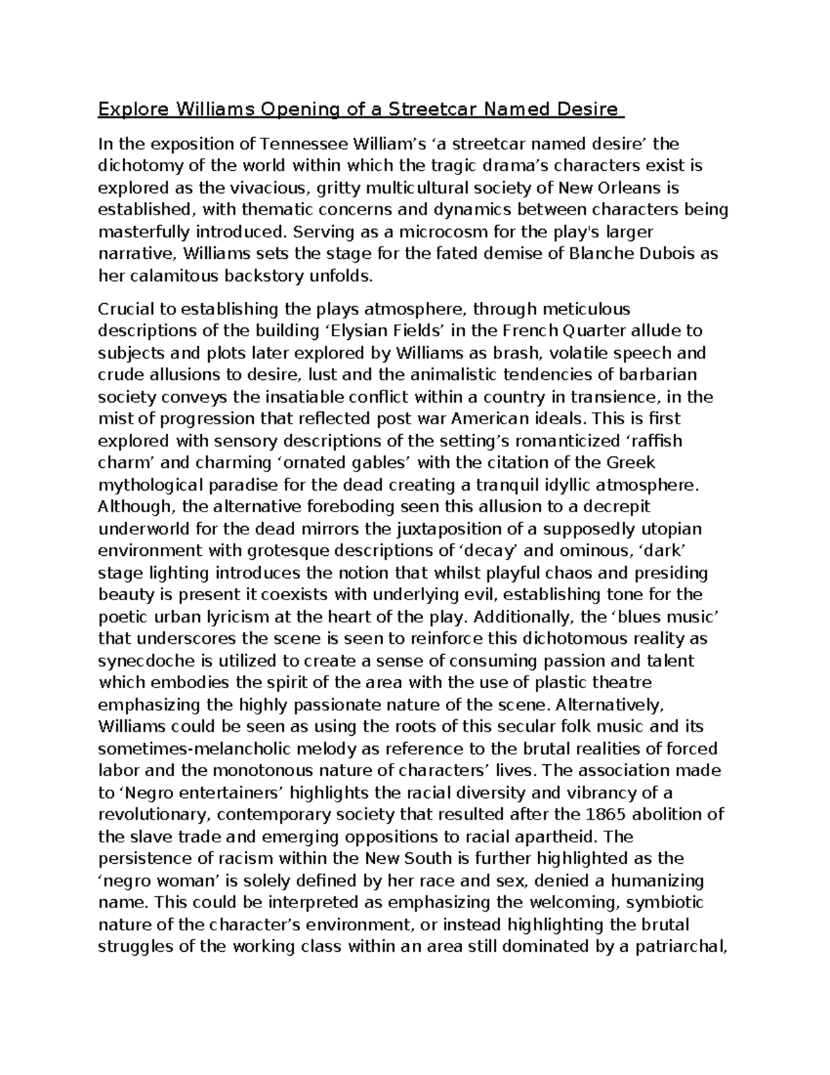 A Streetcar Named Desire Opening - Essay - Explore Williams Opening of ...