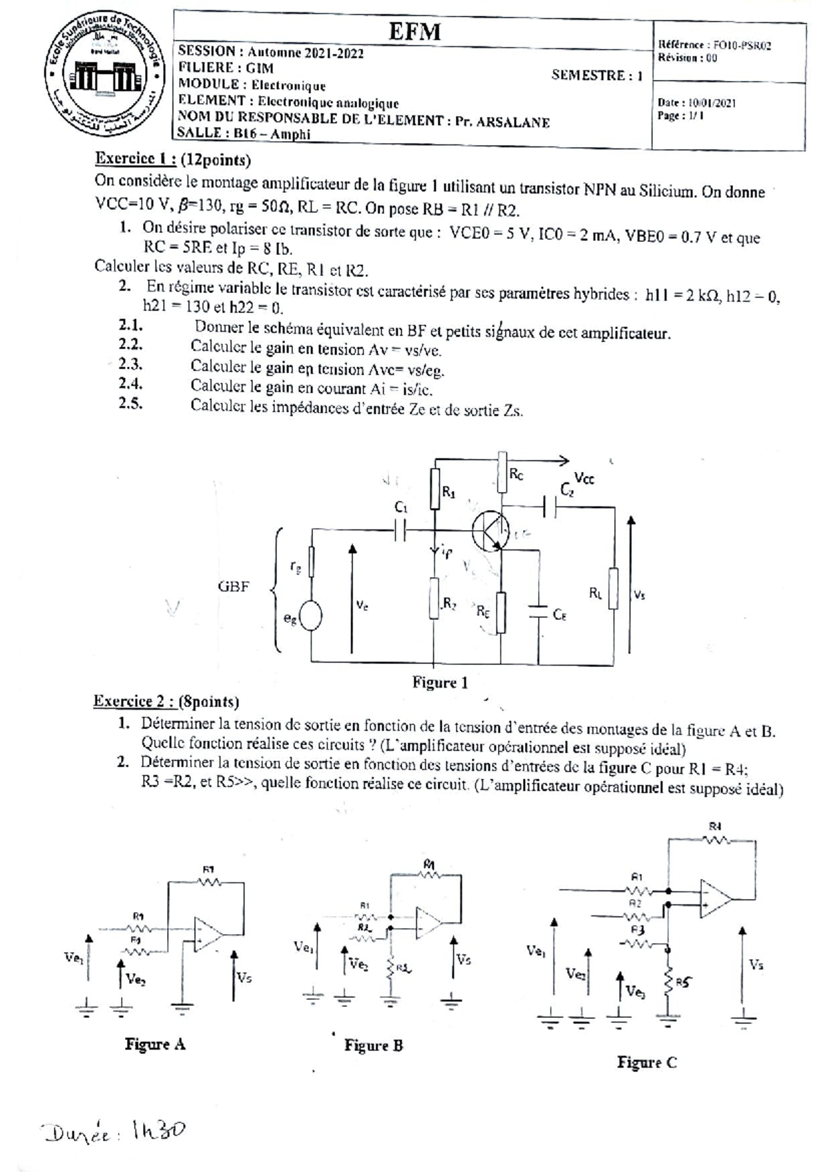 EXAM Analogique - Electronique Analogique - Studocu
